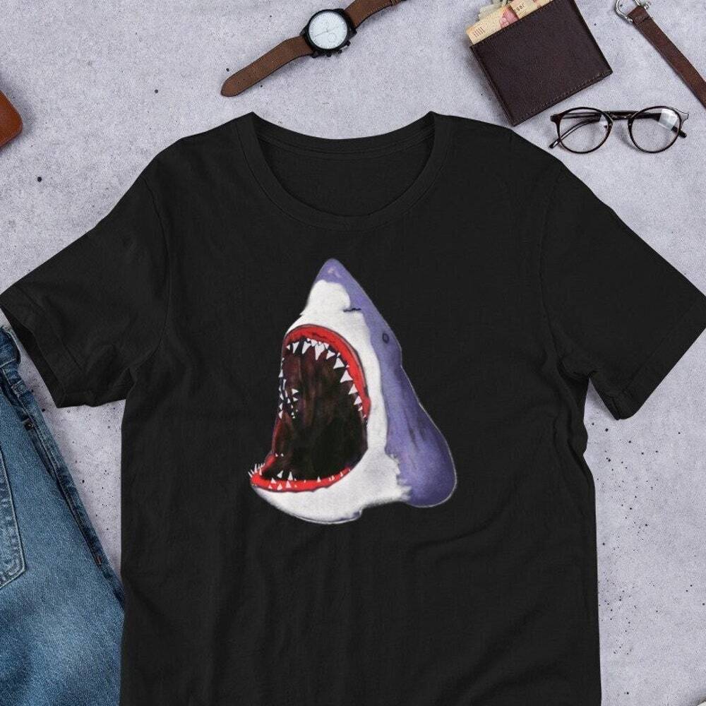 STRAIGHT CUT T-SHIRT Great White Shark Deep Sea Gift Folk Art Weird ...