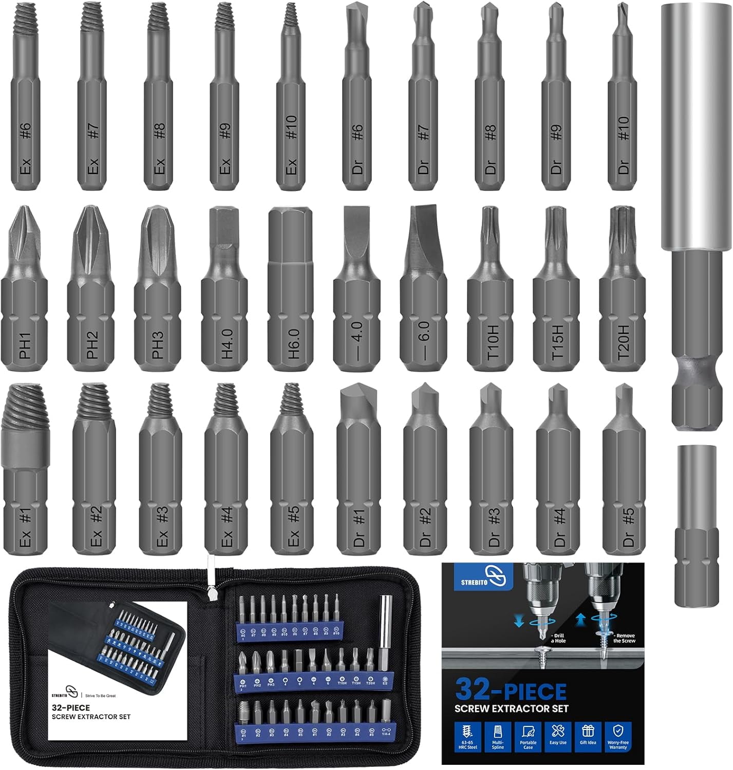STREBITO Damaged Screw Extractor Set, 32 PCS Stripped Screw Extractor ...