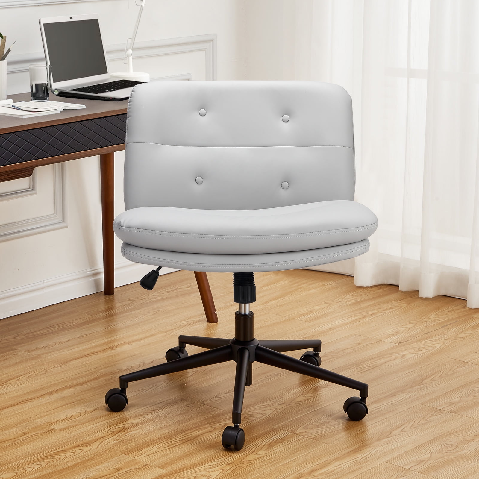 STRELECT Armless Office Desk Chair with Wheels, PU Leather Cross Legged ...