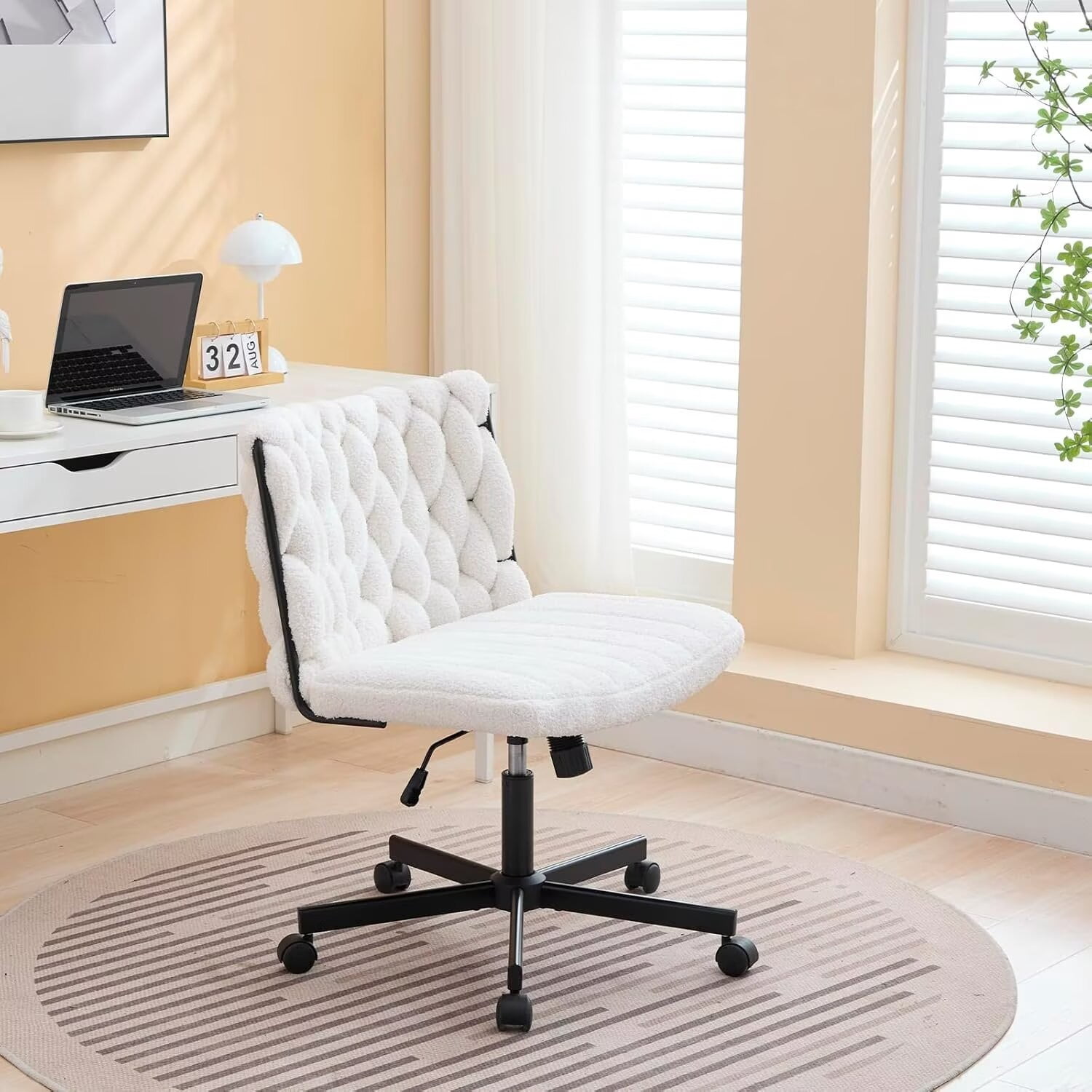 STRELECT Armless Rolling Desk Chair, White Fabric Criss Cross Chair ...