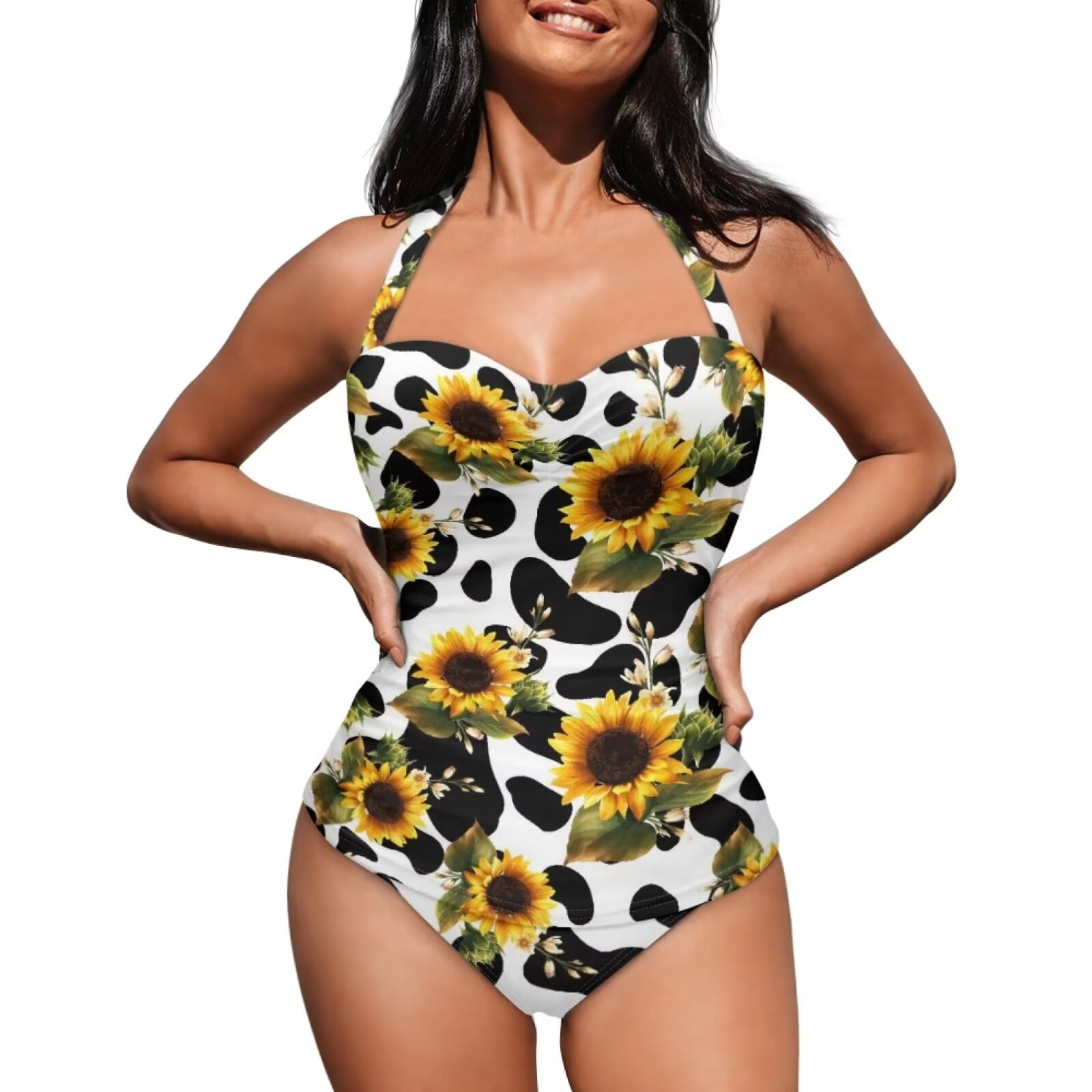 Stuoarte Cow Print Swimsuits One Piece Halter Tie Back Tankinis
