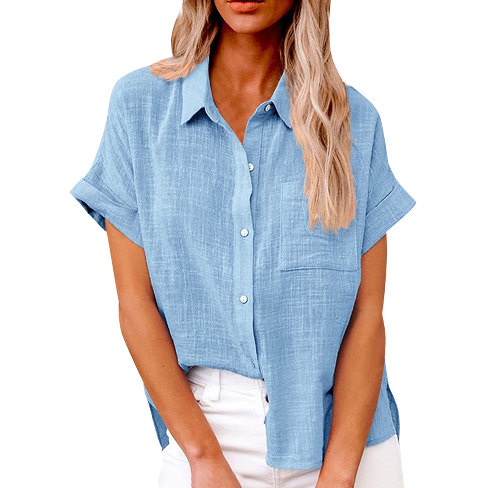 STYLE Button Down Shirts for Women Linen Shirts Solid Woman Causal Button Blouse Short Sleeve T ...