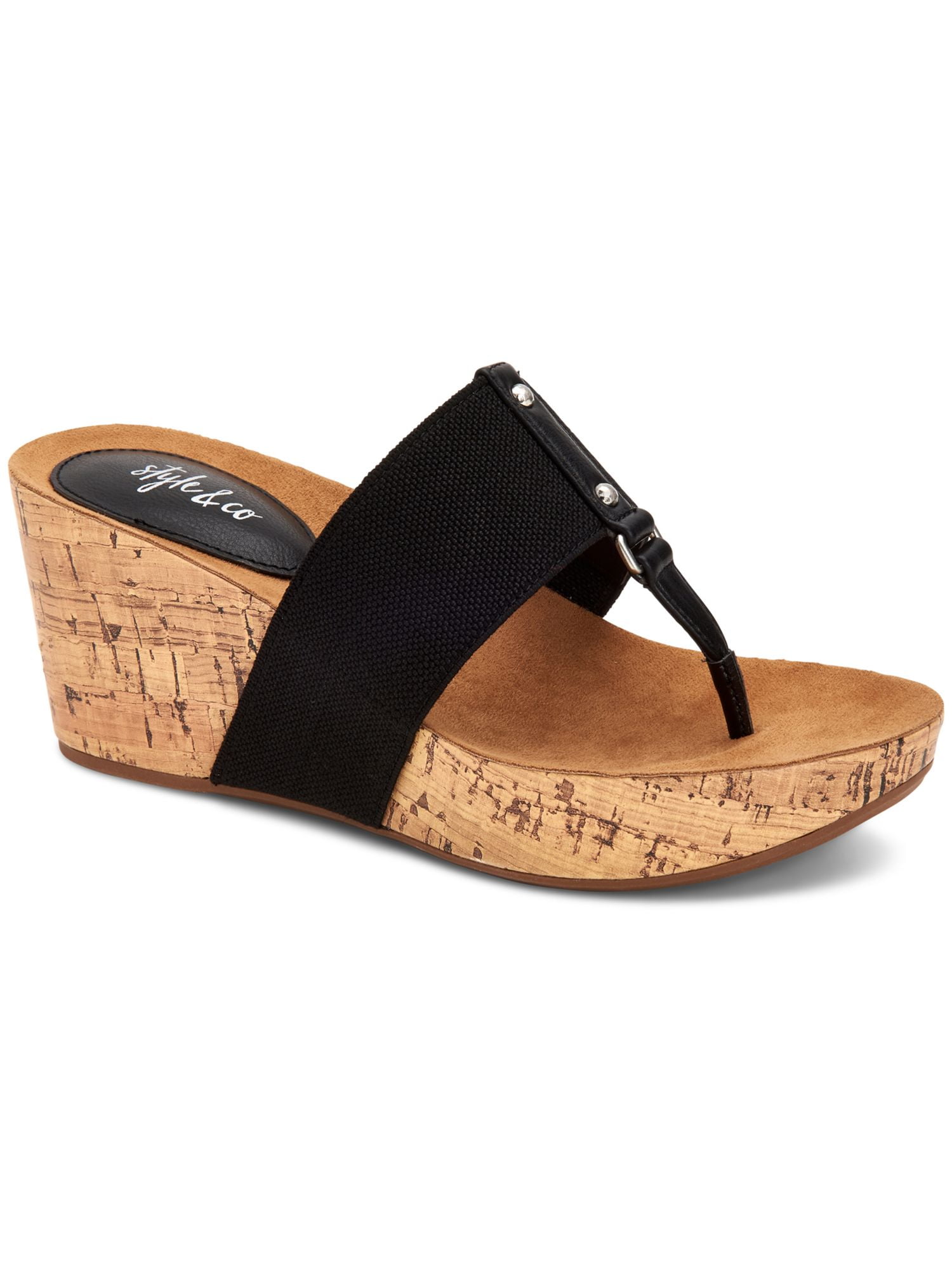 STYLE & COMPANY Womens Black Piperr Round Toe Wedge Slip On Dress Thong ...