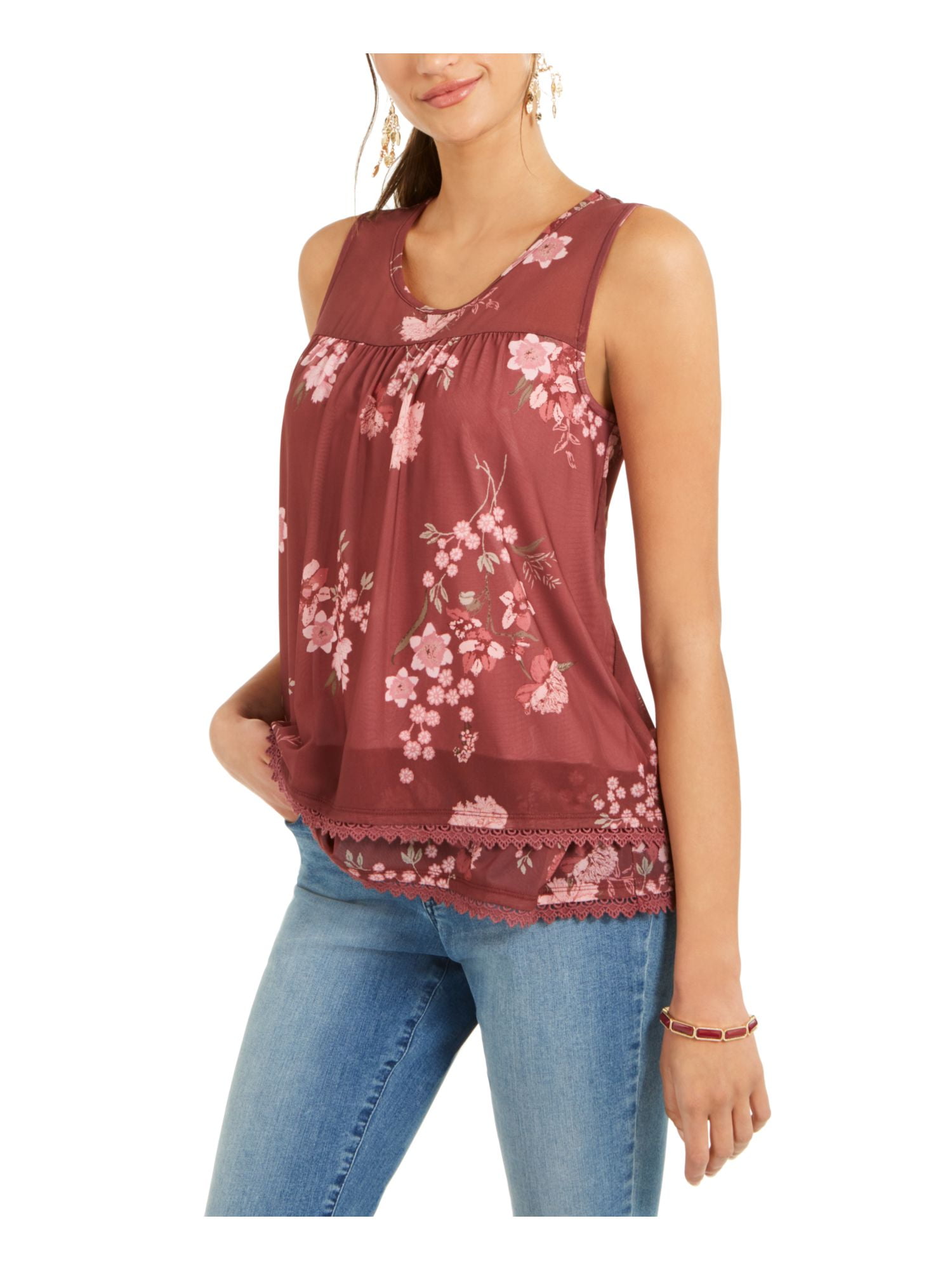 STYLE & COMPANY Womens Burgundy Mesh Floral Sleeveless Scoop Neck Tank ...