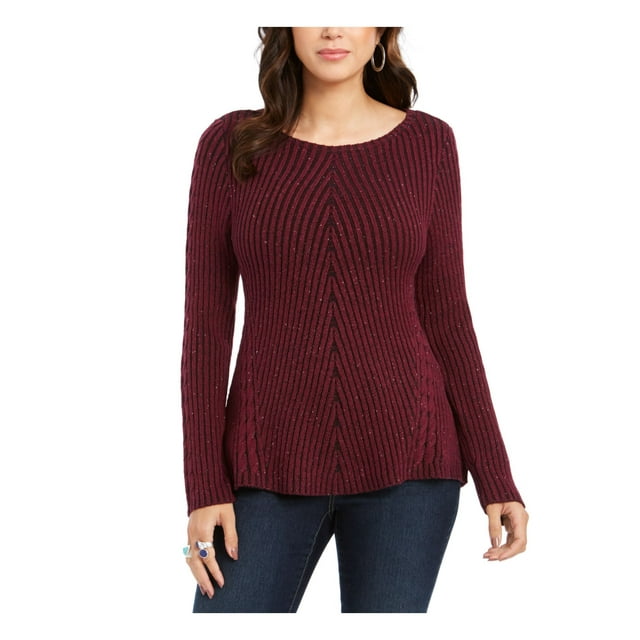 STYLE & COMPANY Womens Burgundy Textured Speckle Long Sleeve Jewel Neck ...