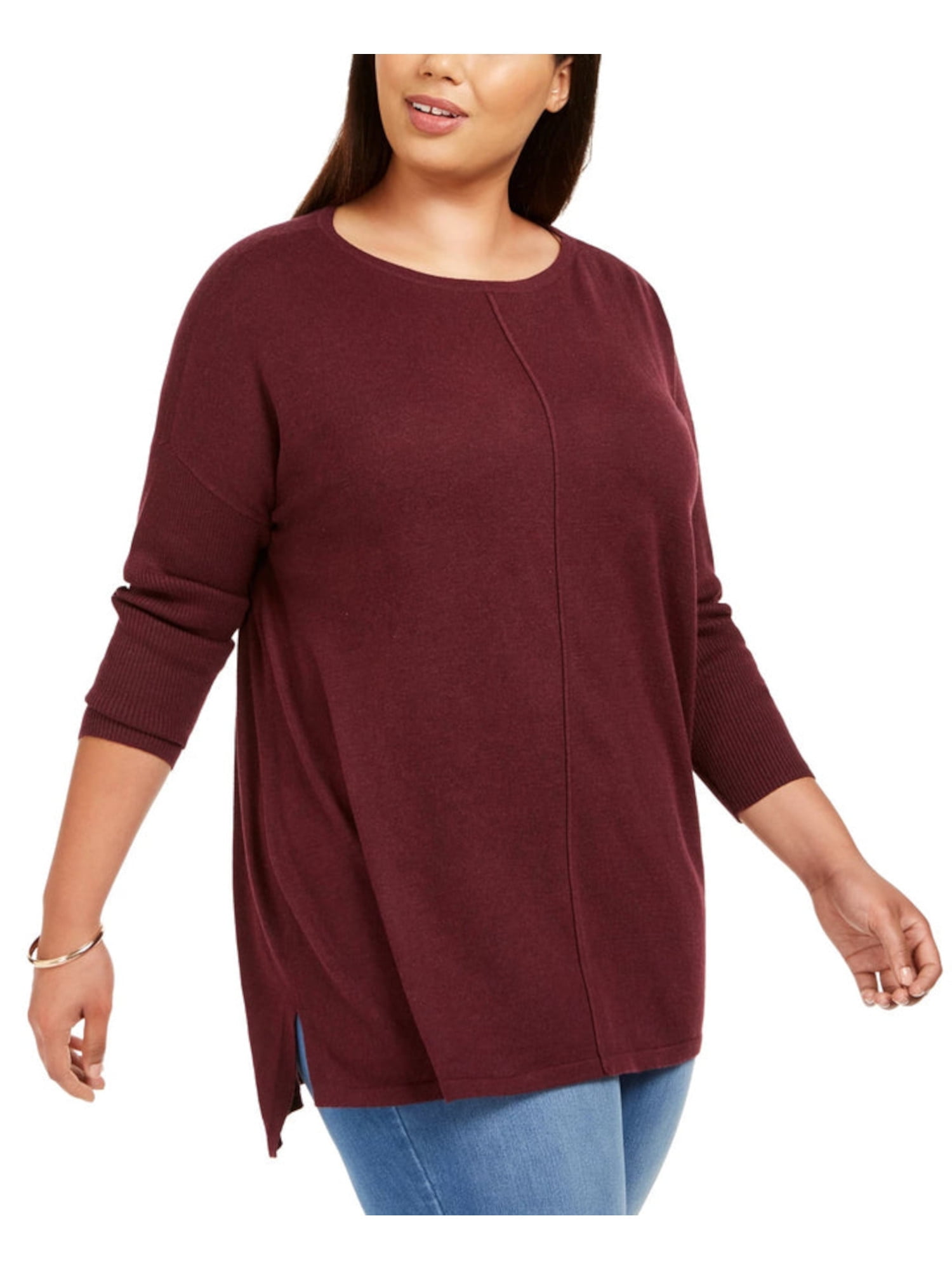 STYLE & COMPANY Womens Maroon Ribbed Slitted Seam-front Long Sleeve ...