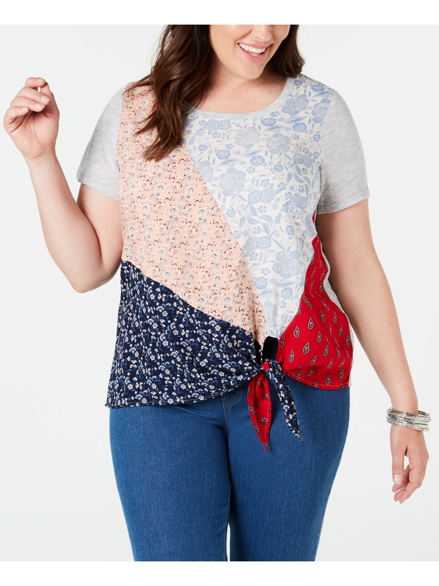 STYLE & COMPANY Womens New 0461 Gray Printed Tie T-Shirt Casual Top 1X ...