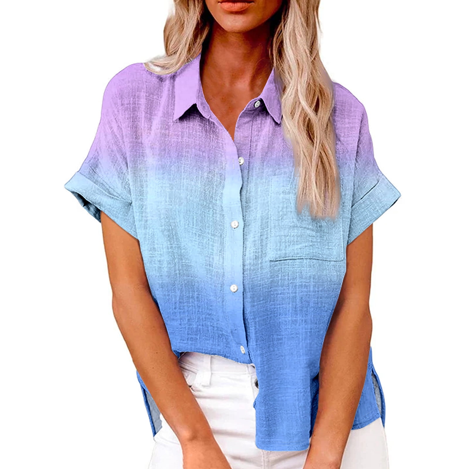 STYLE Womens Button Down Shirts Gradation Print Womens Short Sleeve Shirts V Neck Collared ...