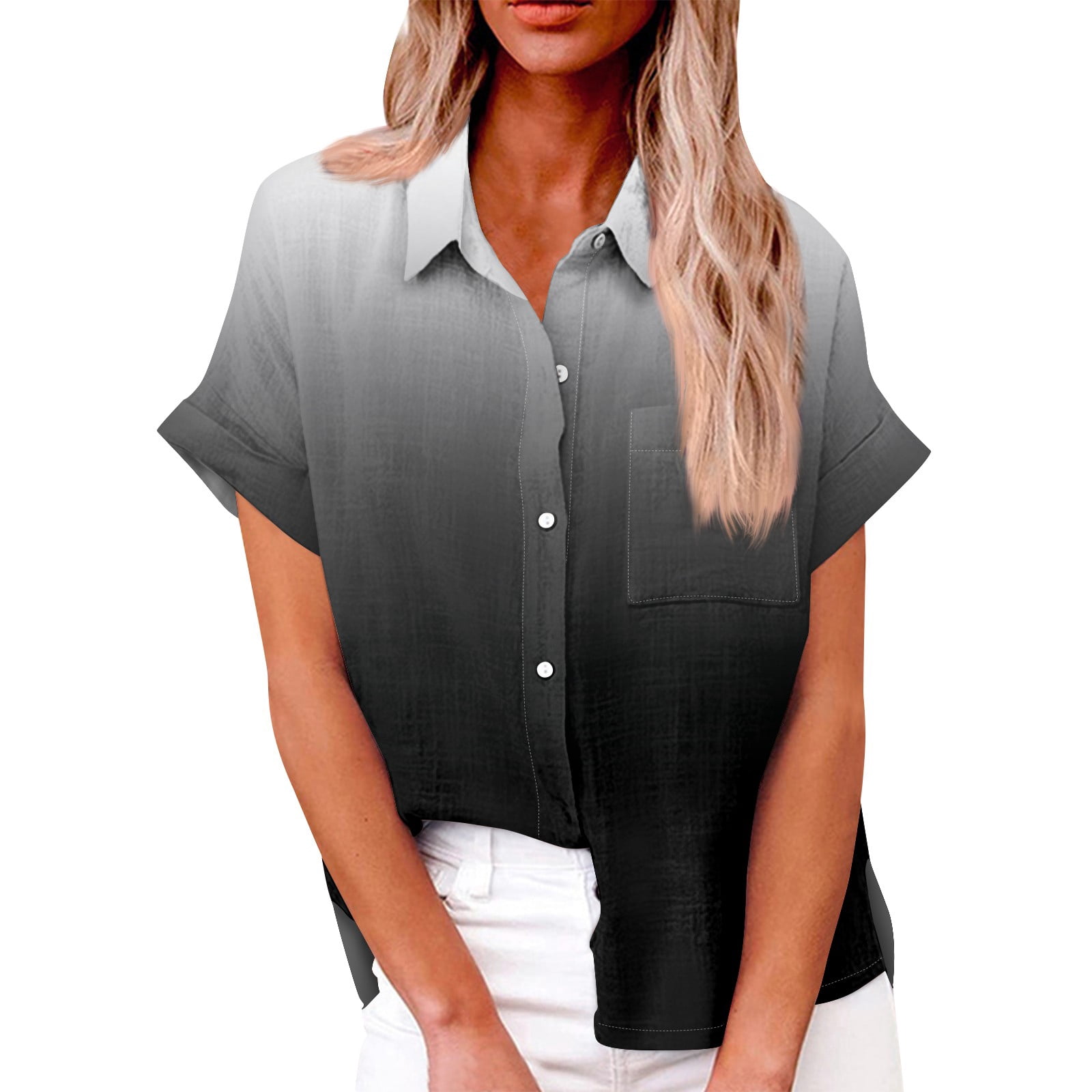 STYLE Womens Cotton Linen Button Down Shirt Gradation Print Casual ...