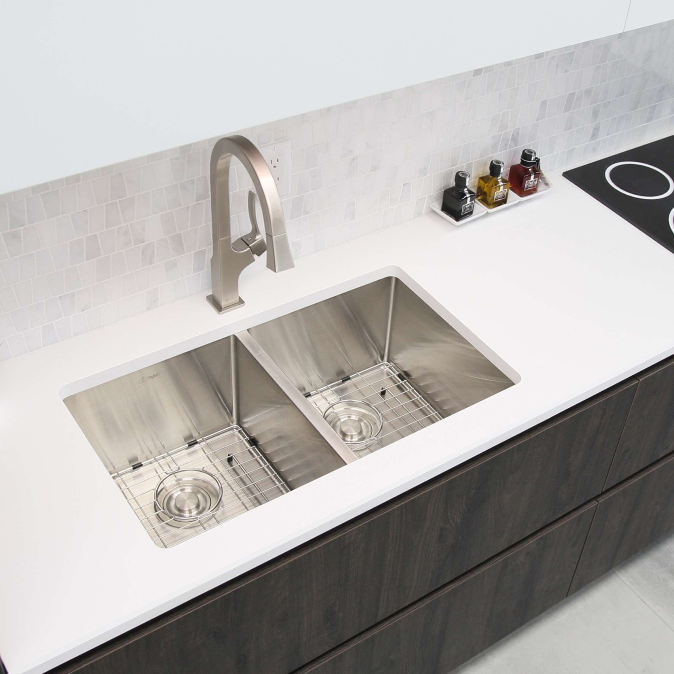 STYLISH 32 inch Double Basin Undermount Kitchen Sink with Grids and ...