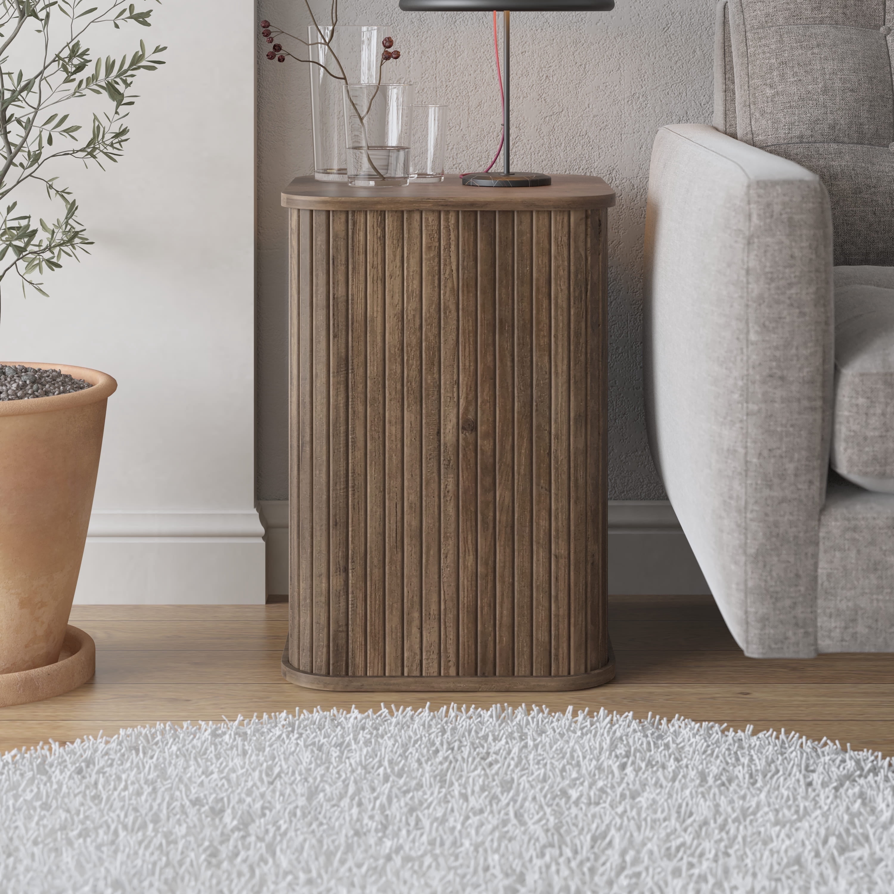 STYLIVIA 15" Fluted Pedestal Square End Table Modern Wood Design Knotty ...