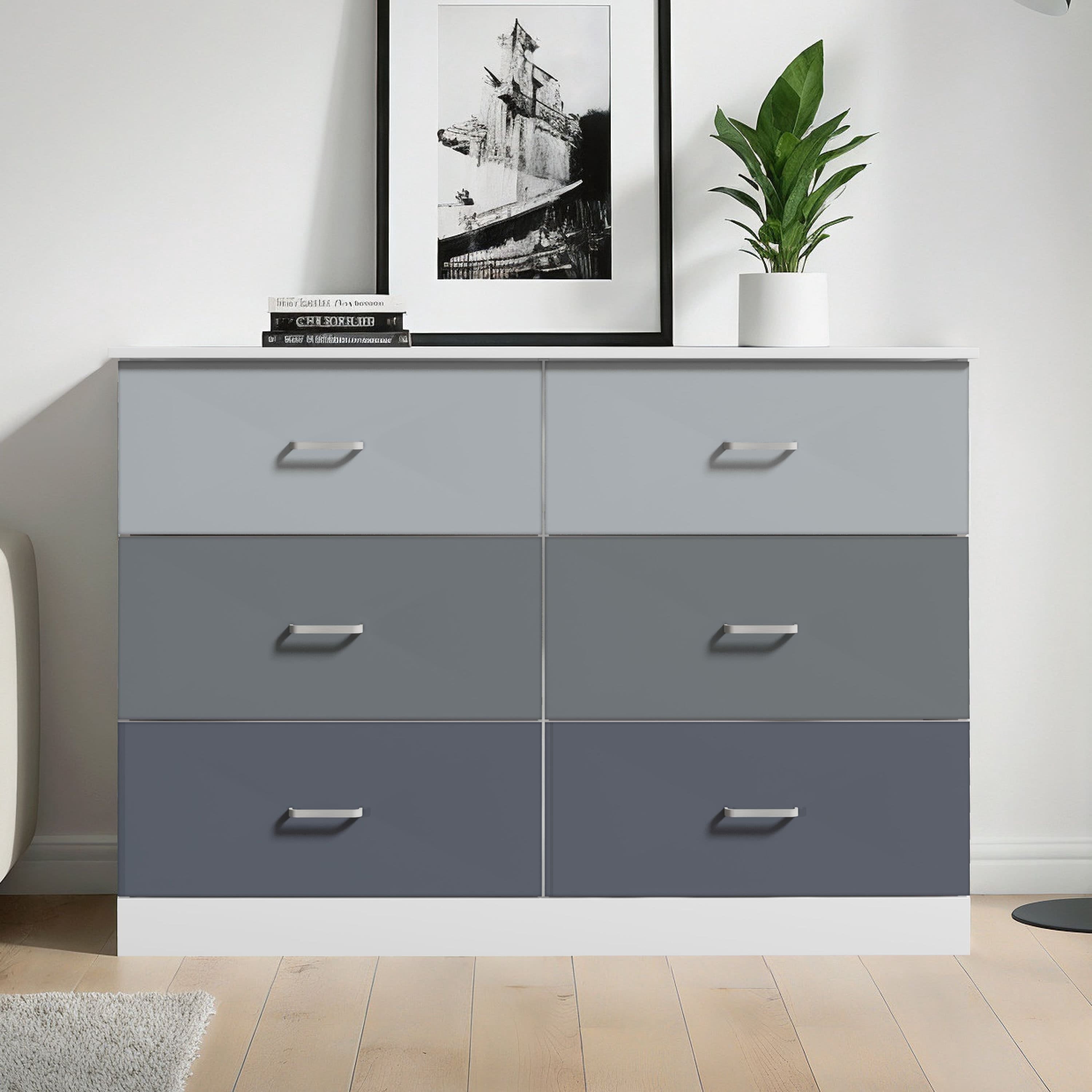 STYLIVIA 6 Drawer Dresser with Metal Handles White, Stone Gray, Cool ...