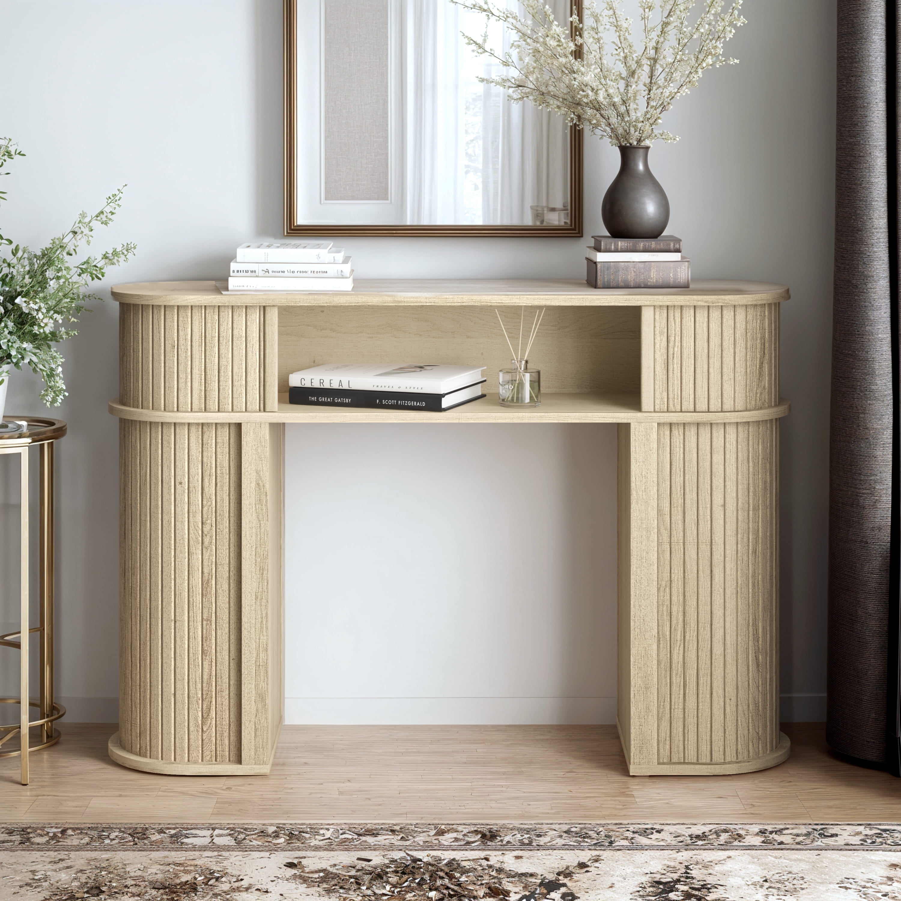 STYLIVIA Fluted Console Table with Sliding Door Oslo Oak 41.7" W x 11.2 ...