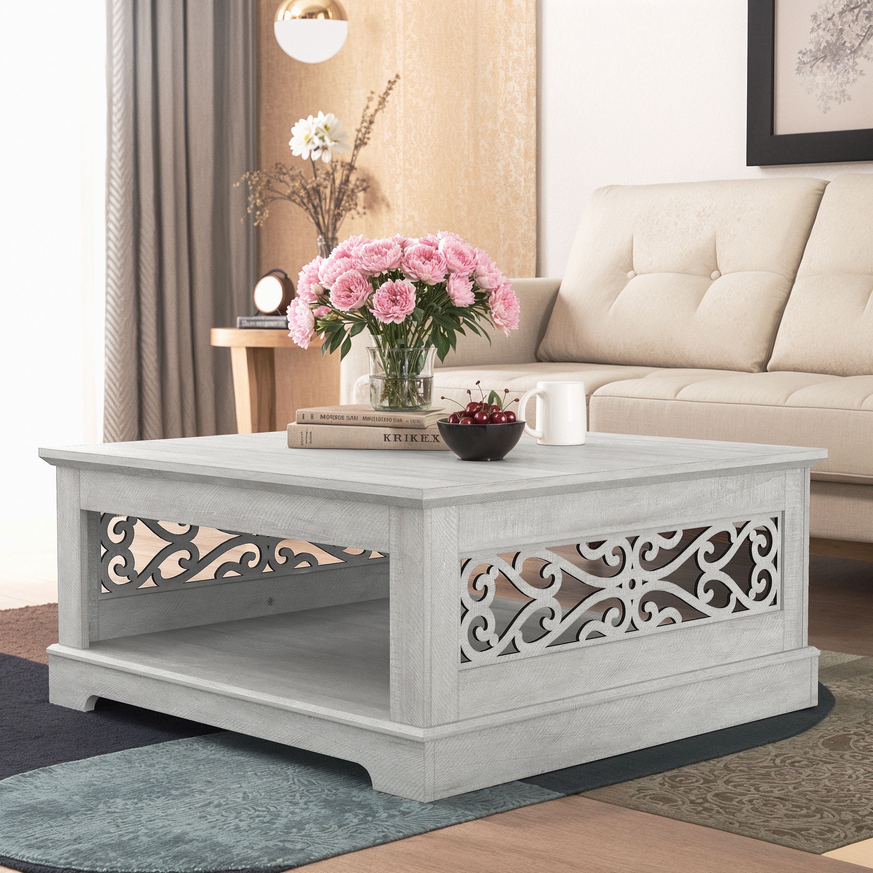 STYLIVIA Square Coffee Table with Storage Shelf Dusty Gray Oak 34.8" W ...