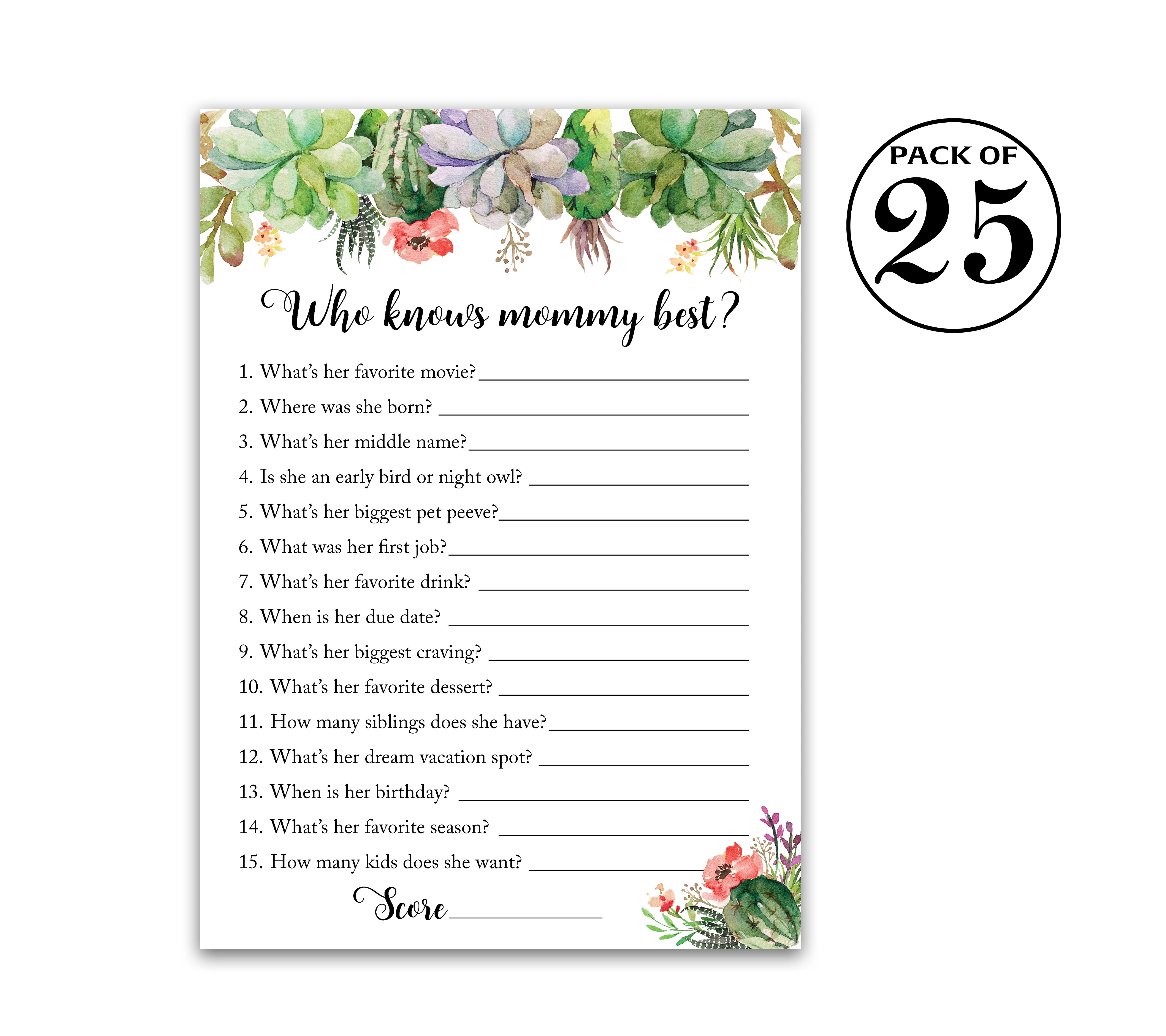 SUCCULENTS Baby Shower Games Who Knows Mommy Best - Pack of 25 - GENDER ...
