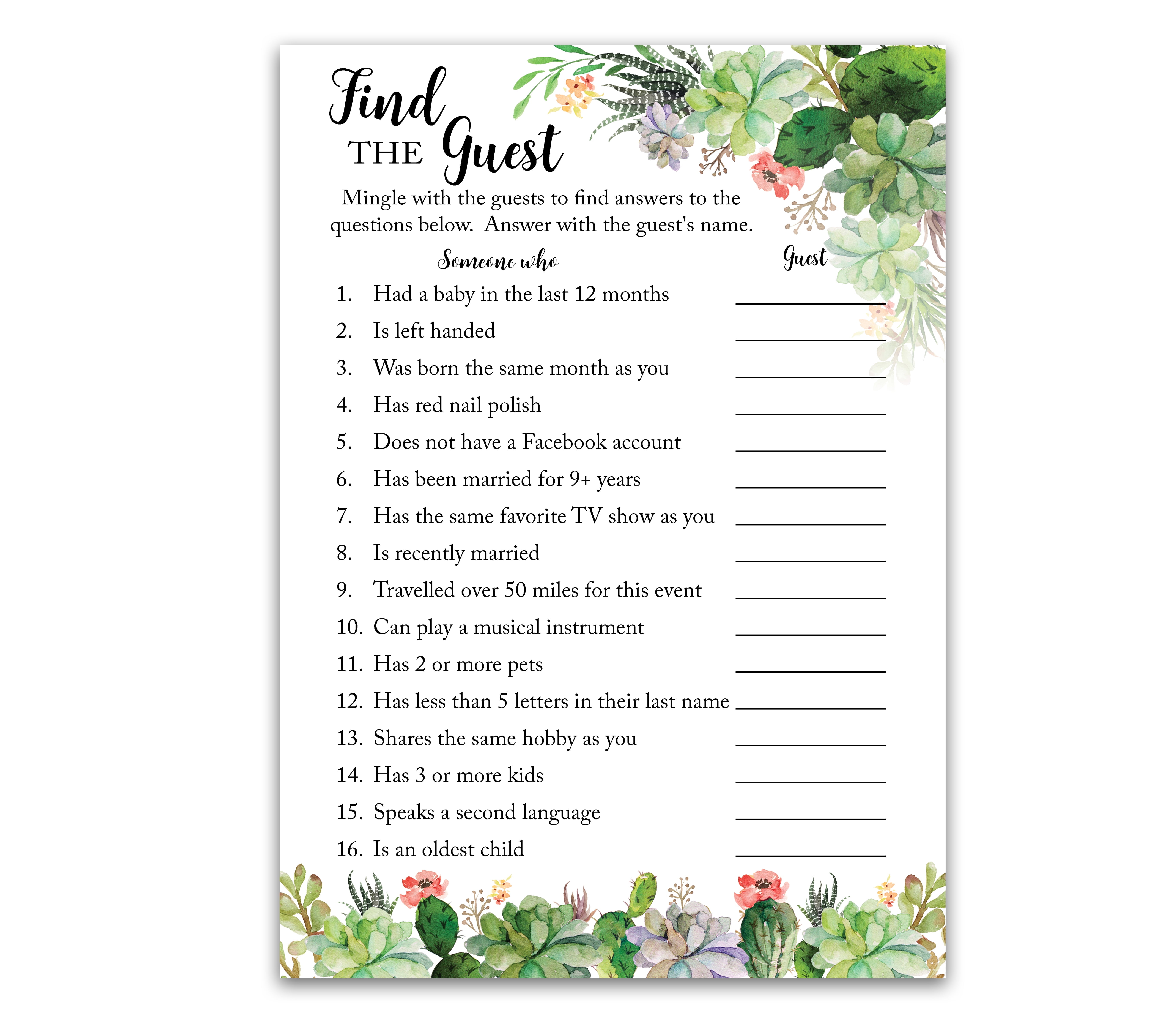 SUCCULENTS — FIND THE GUEST Baby Shower Game — Pack of 25 — Gender Neutral Baby Shower Game ...