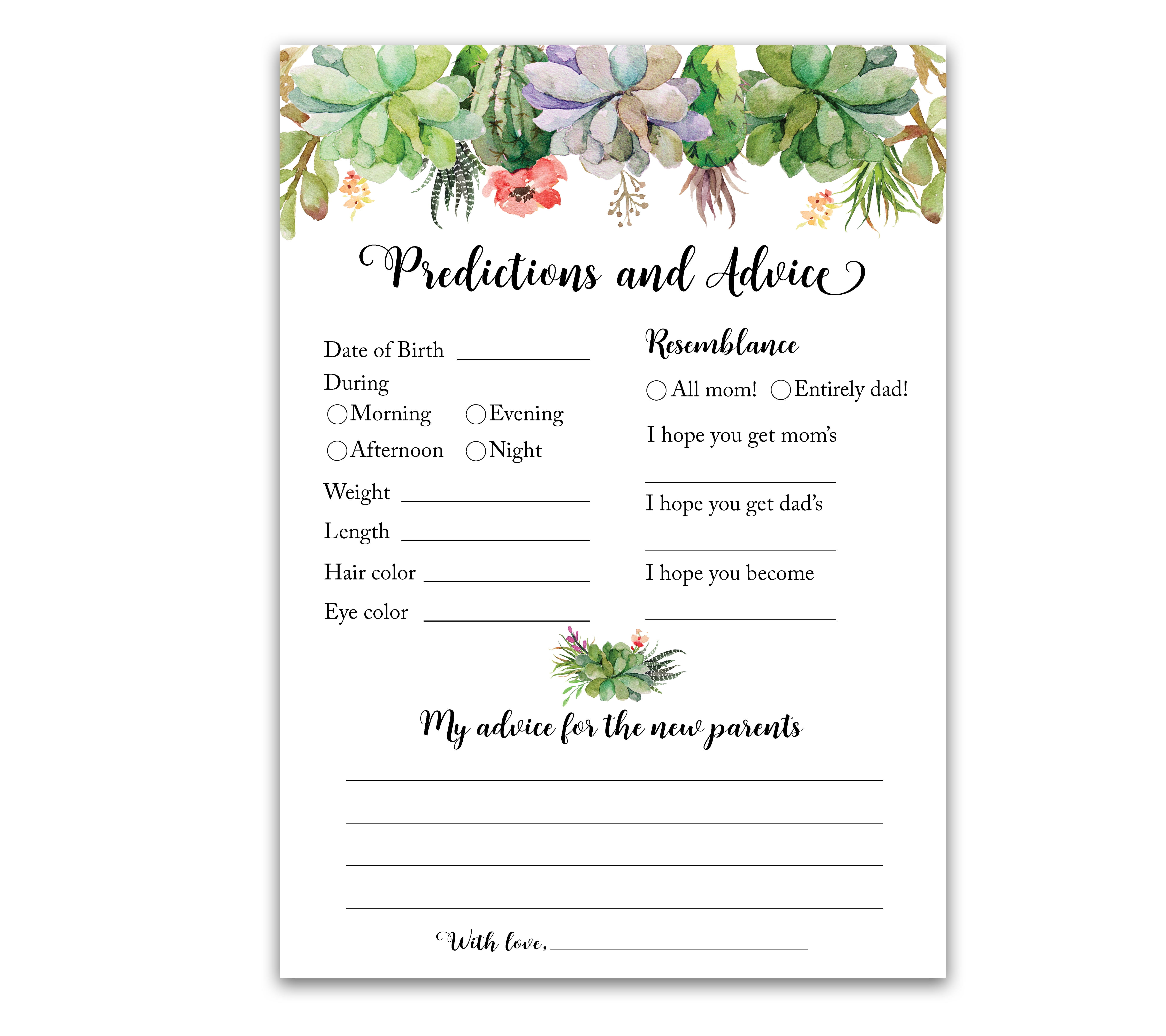 SUCCULENTS Prediction and Advice Cards - Pack of 25 - GENDER NEUTRAL ...
