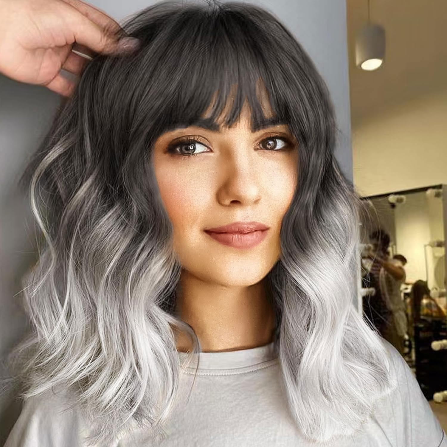 SUCS Bob Curly Wig Synthetic Short Black Wig with Bangs Natural Looking ...
