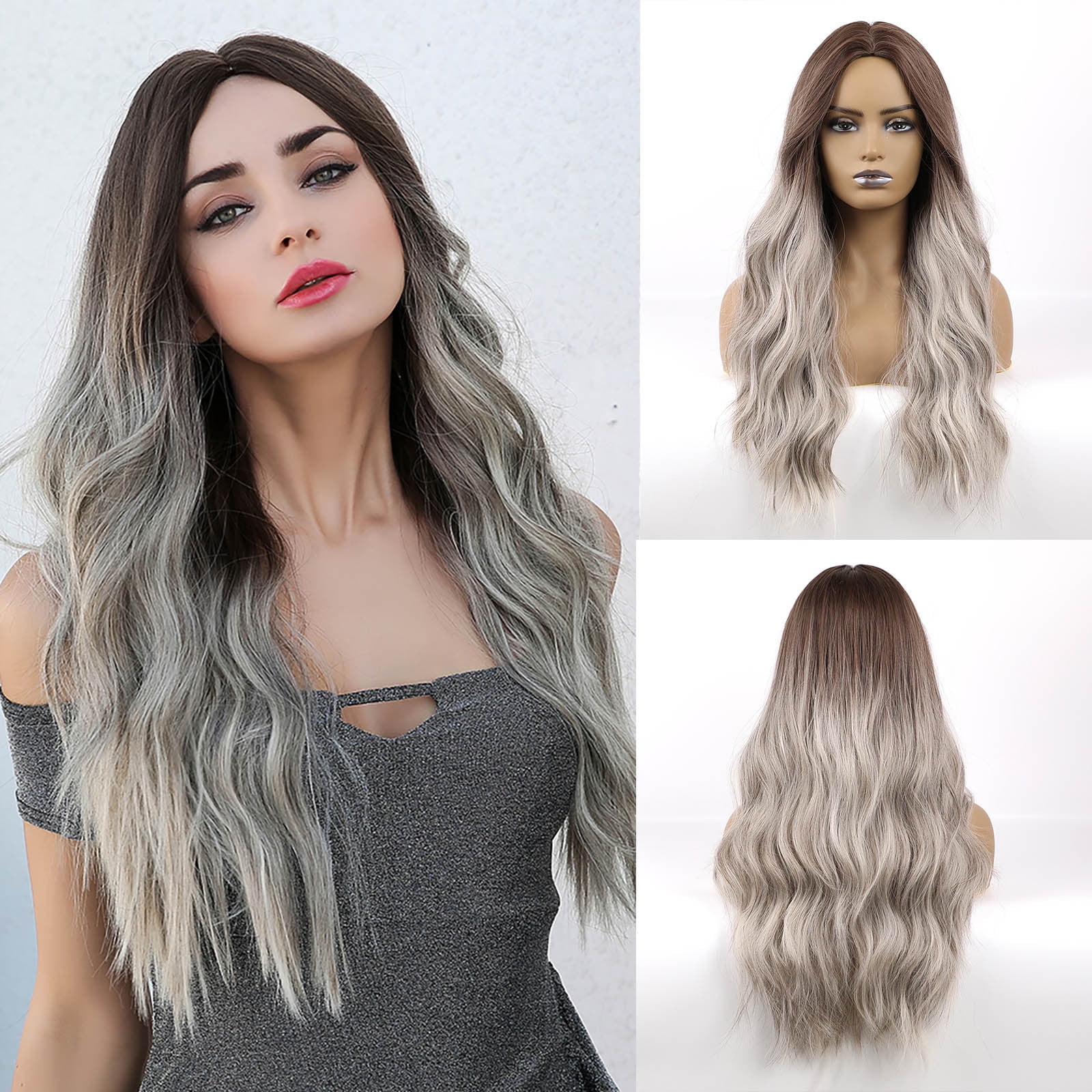 SUCS Long Pear Roll Big Wave Wig Dark Brown Gradient Gray Wig Mechanism ...