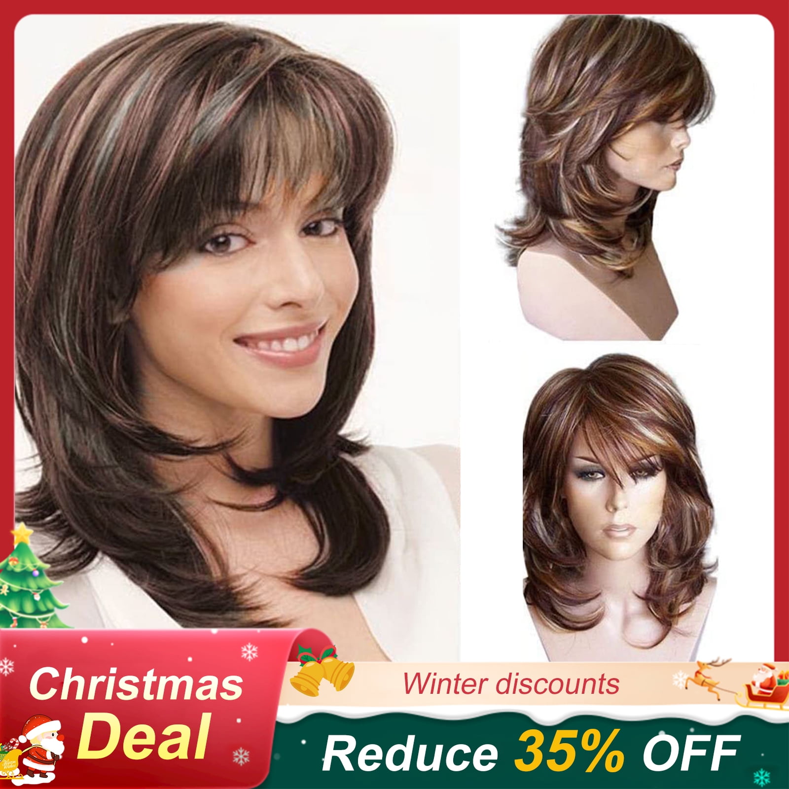 SUCS Medium Side Bang Highlighted Layered Slightly Curled Synthetic Wig ...