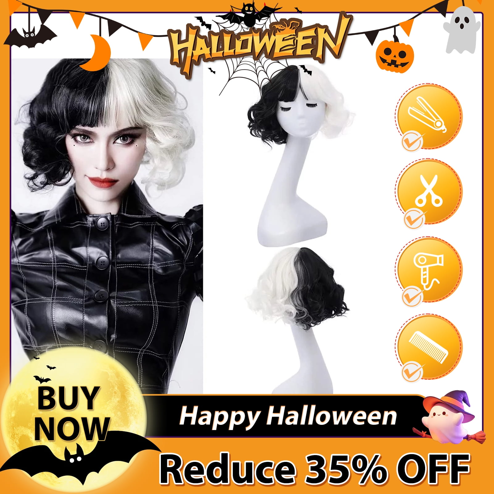 SUCS Short Bob Wigs Cruella Half Wigs for Women Curly Devil Wigs with Bangs for Cosplay Wefted ...