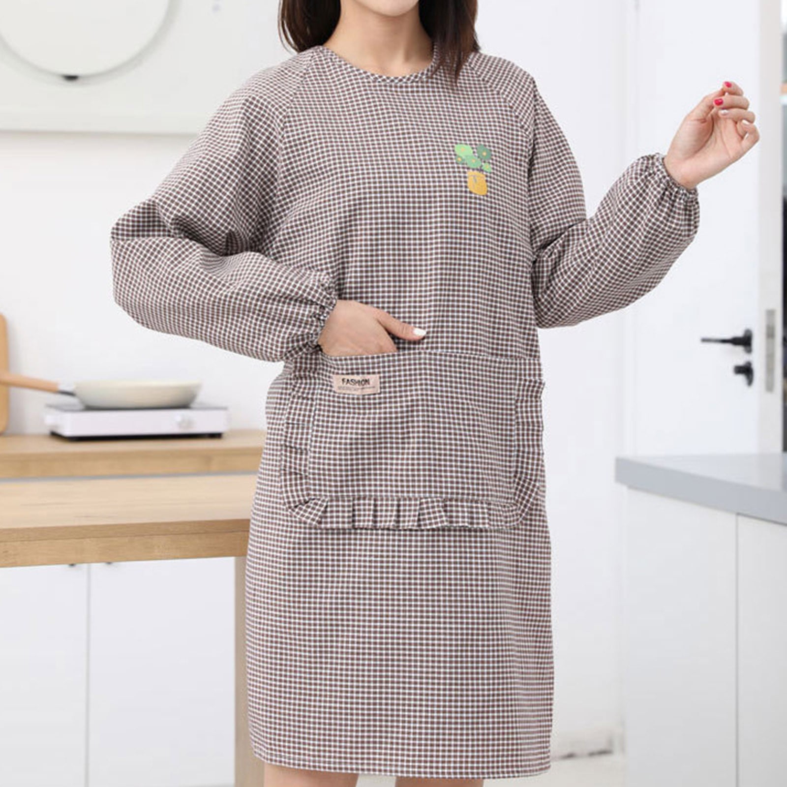 SUCS Women's Cotton Linen Long Sleeve Apron with Pockets - Adjustable ...