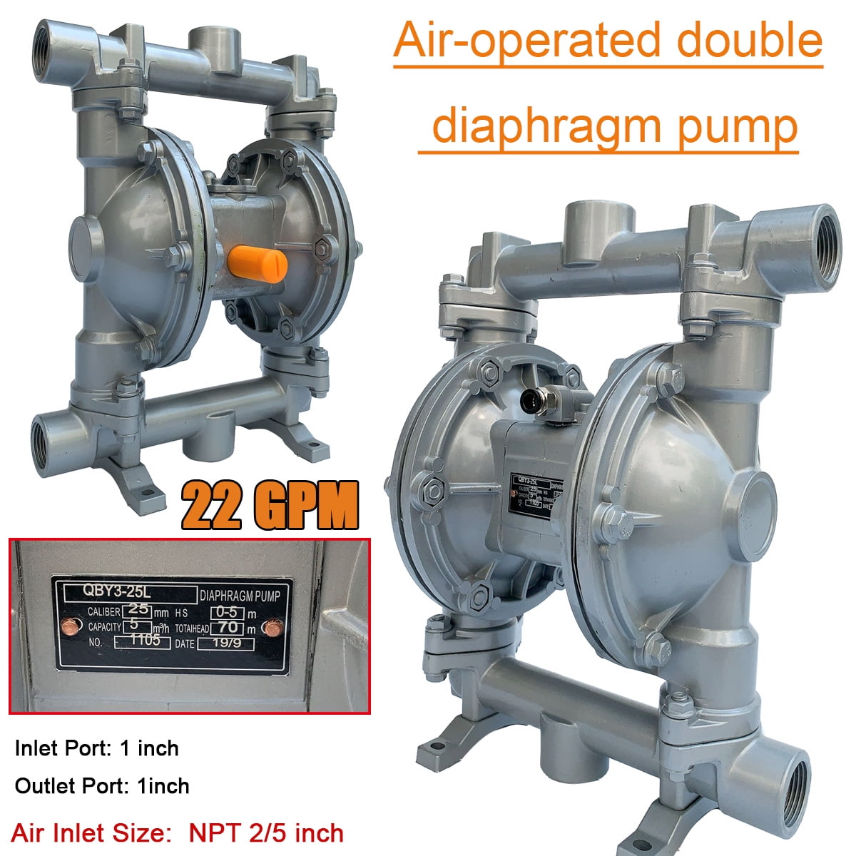 SUDEG 100 psi 22 GPM Air-Operated Double Diaphragm Pump for Pumping Fluid 1" Inlet/Outlet ...