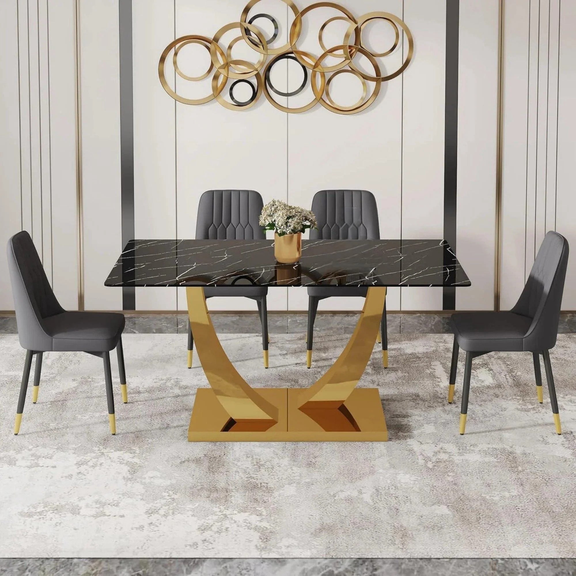 SUDICA Dining Table Set, 63 Inch Rectangular Tempered Glass Top with ...