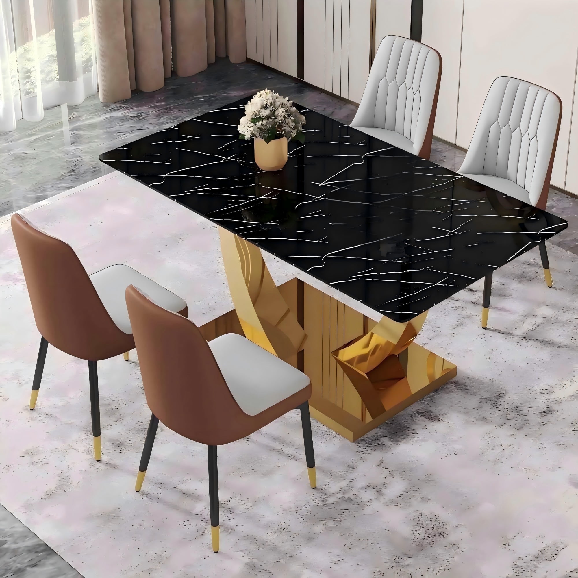 SUDICA Dining Table Set Black Glass Top Gold Base Faux Leather Chairs ...