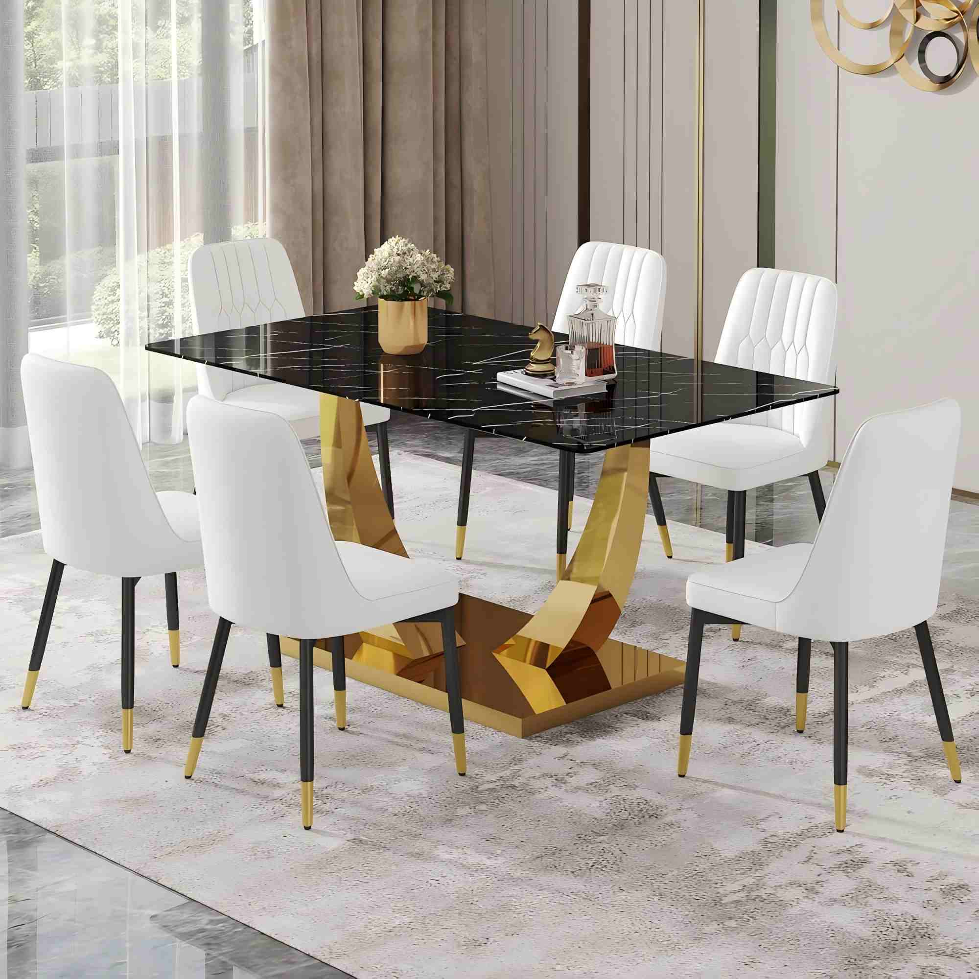 SUDICA 6 Piece Modern Glass and Faux Leather Dining Table Set - Walmart.com