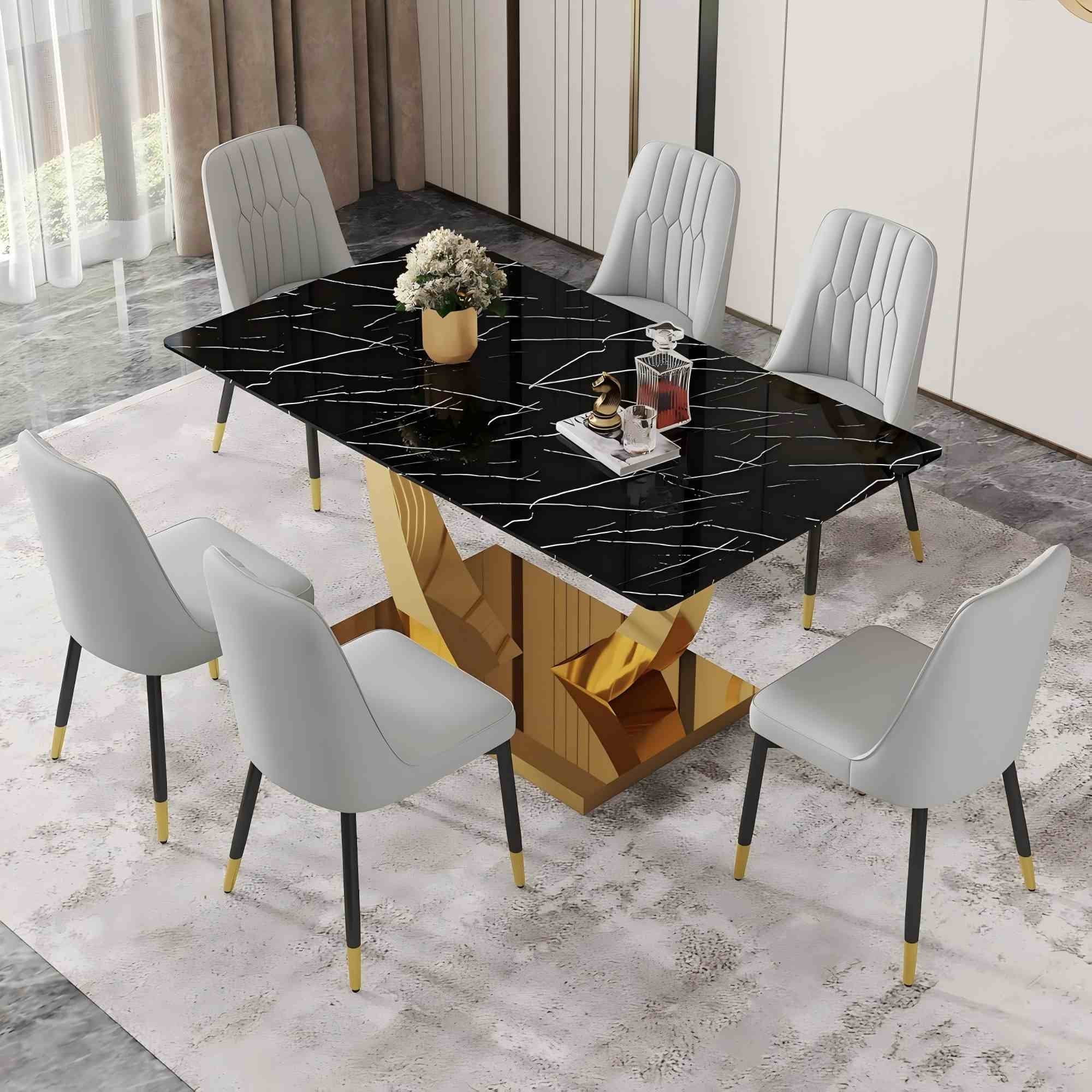 SUDICA 7 Piece Modern Black Glass Dining Table Set with 6 Light Grey ...