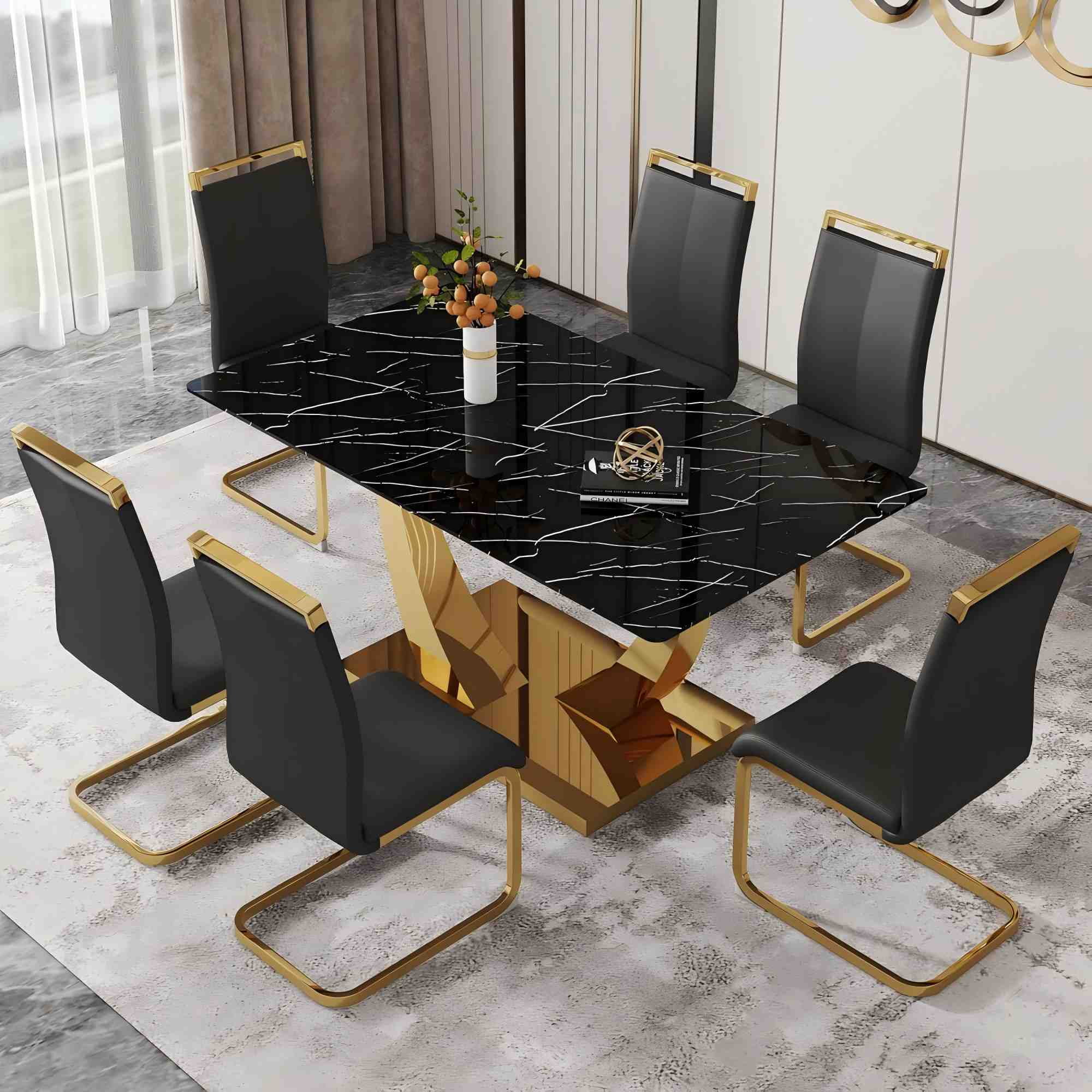 SUDICA 7 Piece Black Glass Modern Dining Table Set, 63" Tempered Glass ...