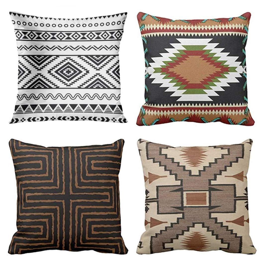 SUFAM Set of 4 Pillow Cases Tribal Border Aztec Black Signs White ...