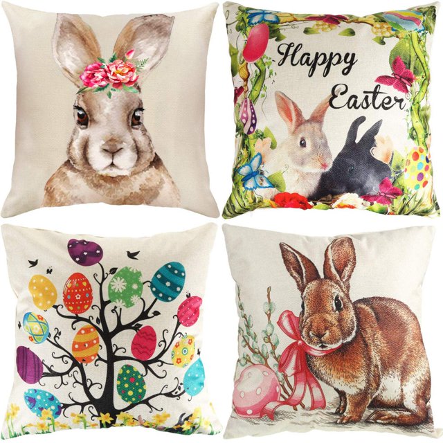 SUFAM Set of 4 Pillow Cases Easter Bunny Pattern Spring Flower Trees ...