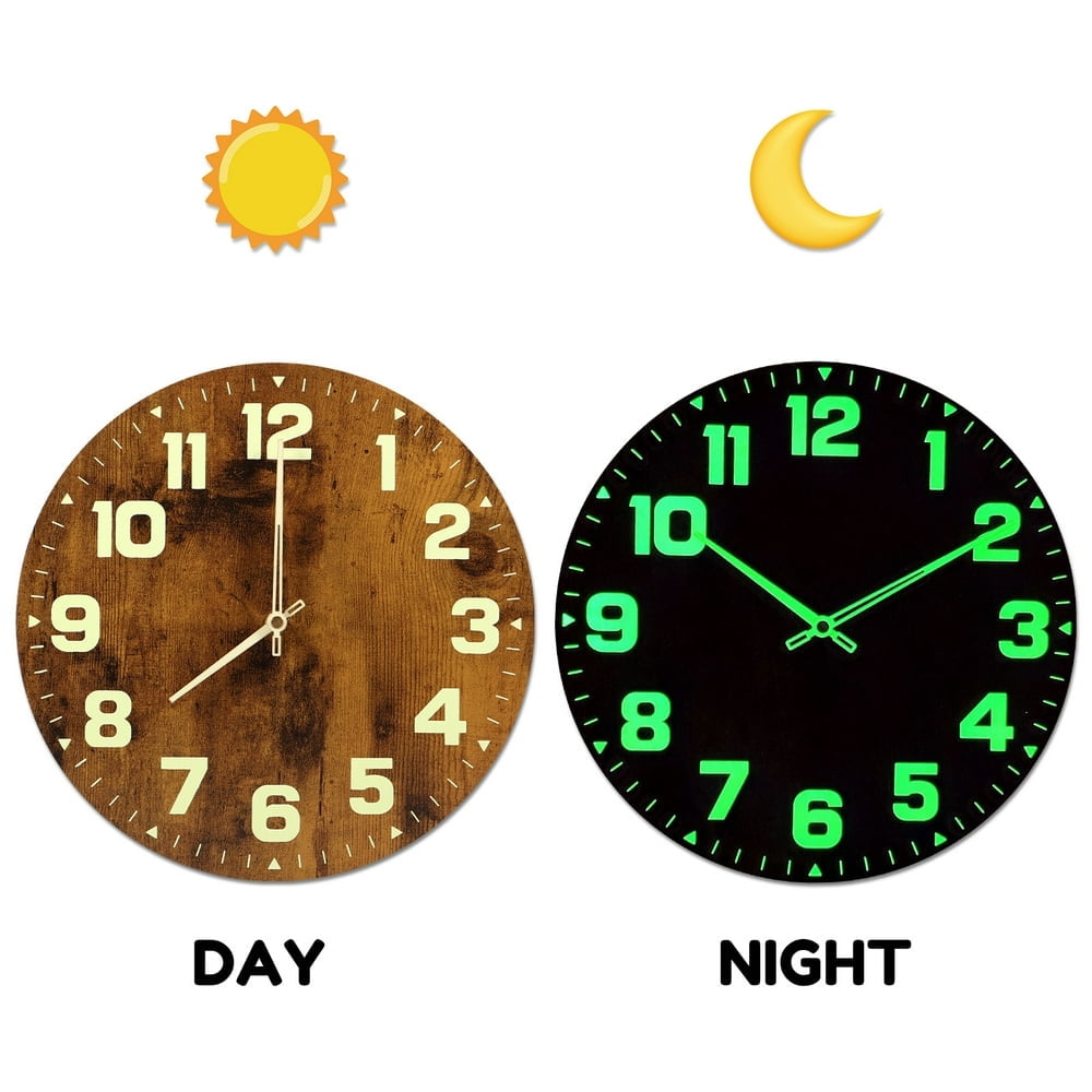 SUGARMOM Luminous Wall Clocks Wooden Glow in The Dark Clock 12 inch ...