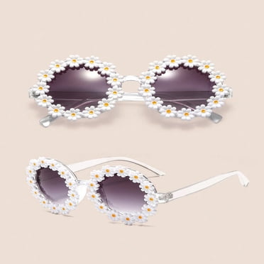 White Daisy Flower Sunglasses Round Oversized Festival Floral Shades UV ...
