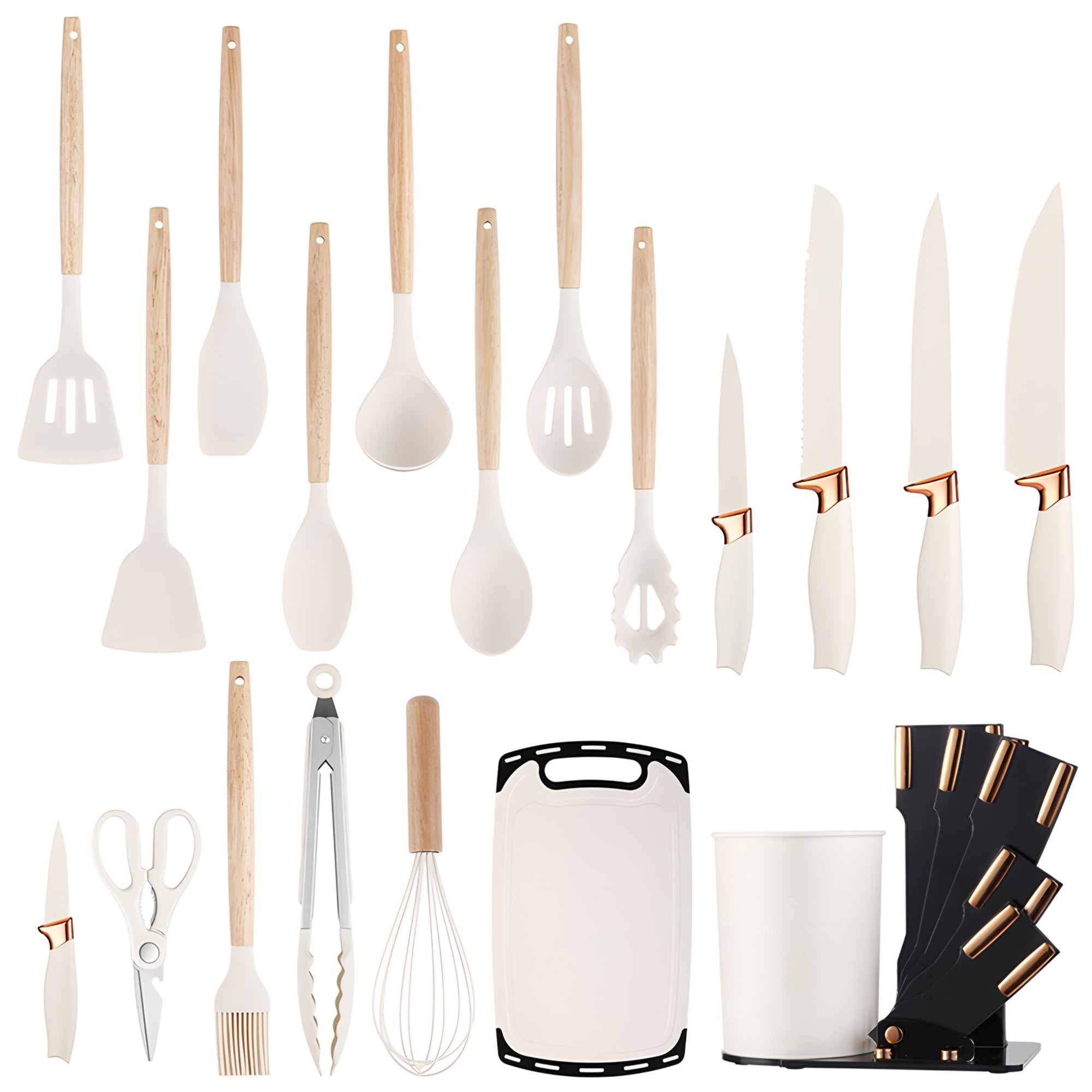SUGIFT 19 Pcs Silicone Kitchen Utensils Set with Knives Set,Wooden ...