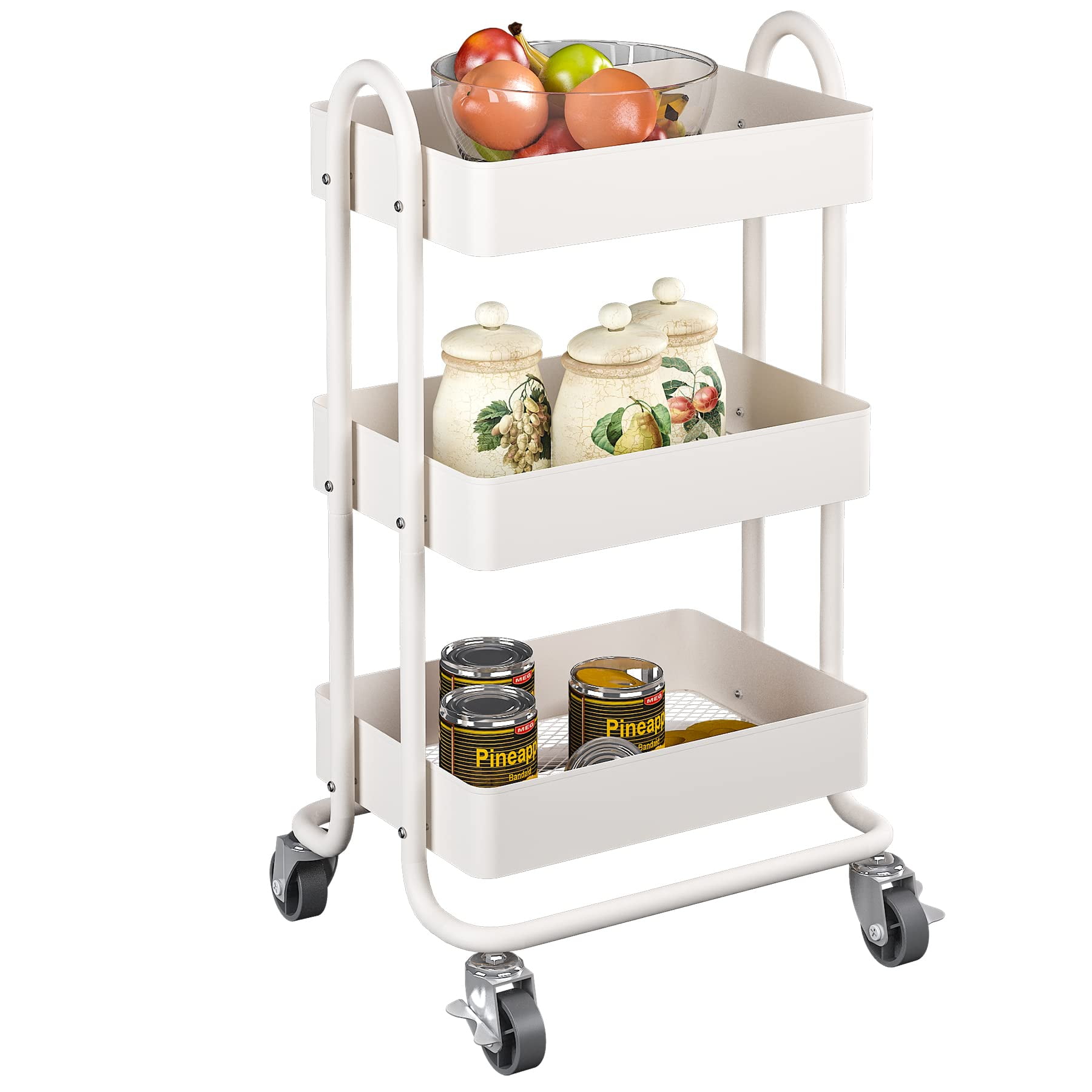 SUGIFT 3 Tier Metal Utiltiy Cart Arctic White, Easy Rolling, Powder ...