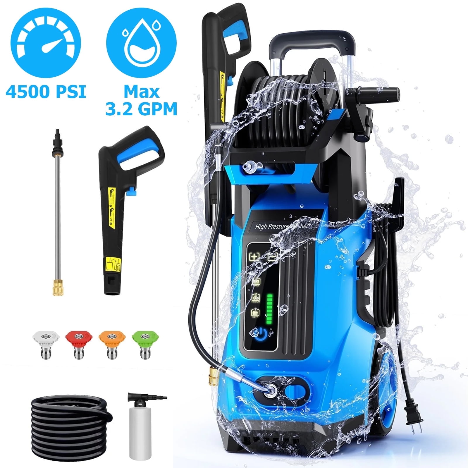 Portable Electric Pressure Washer, 3800 PSI, 2.8 GPM with 4 Nozzles, Foam Cannon, Hose Reel ...
