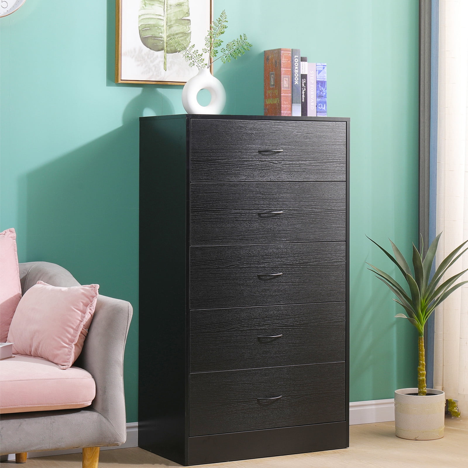 SUGIFT 5 Drawer Dresser, Modern Wood Chest of Drawers for Bedroom ...