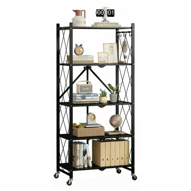 SUGIFT 5-Tier Foldable Metal Storage Shelf with Wheels, No Assembly ...
