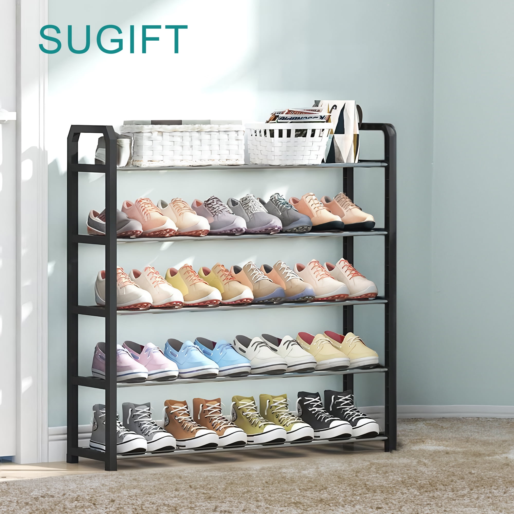SUGIFT 5-Tier Shoe Rack Black Plastic Frame, silver Coating, up to 15 ...