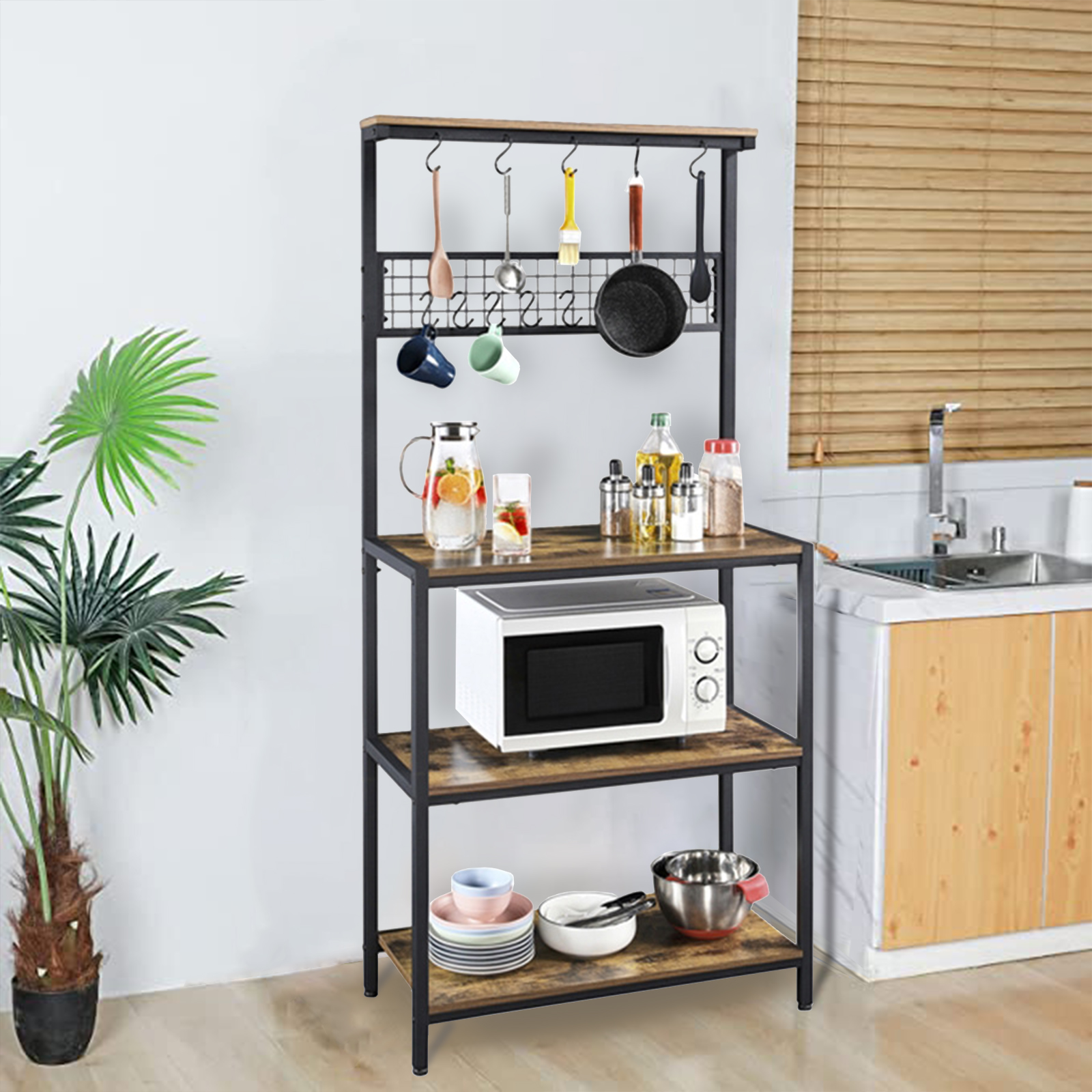 SUGIFT 67" Wooden Kitchen Bakers Rack with 4 Storage Shelves & 10 Hooks ...