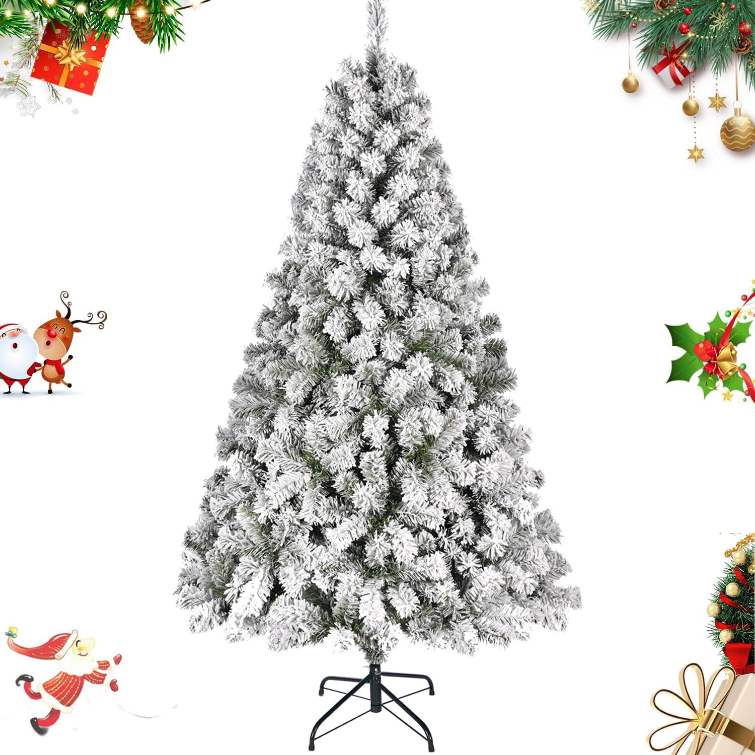 SUGIFT 6ft Premium Christmas Tree, Holiday Snow Flocked Pine Branches ...
