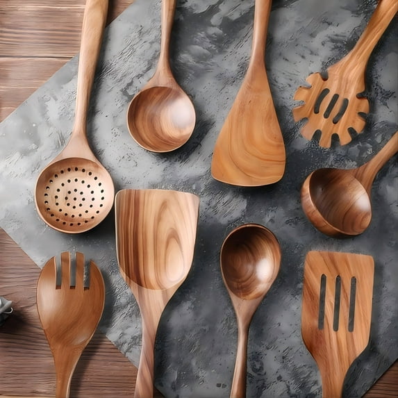 SUGIFT 9-Piece Wooden Cooking Utensils Brown, Kitchen Utensil Set, Non ...