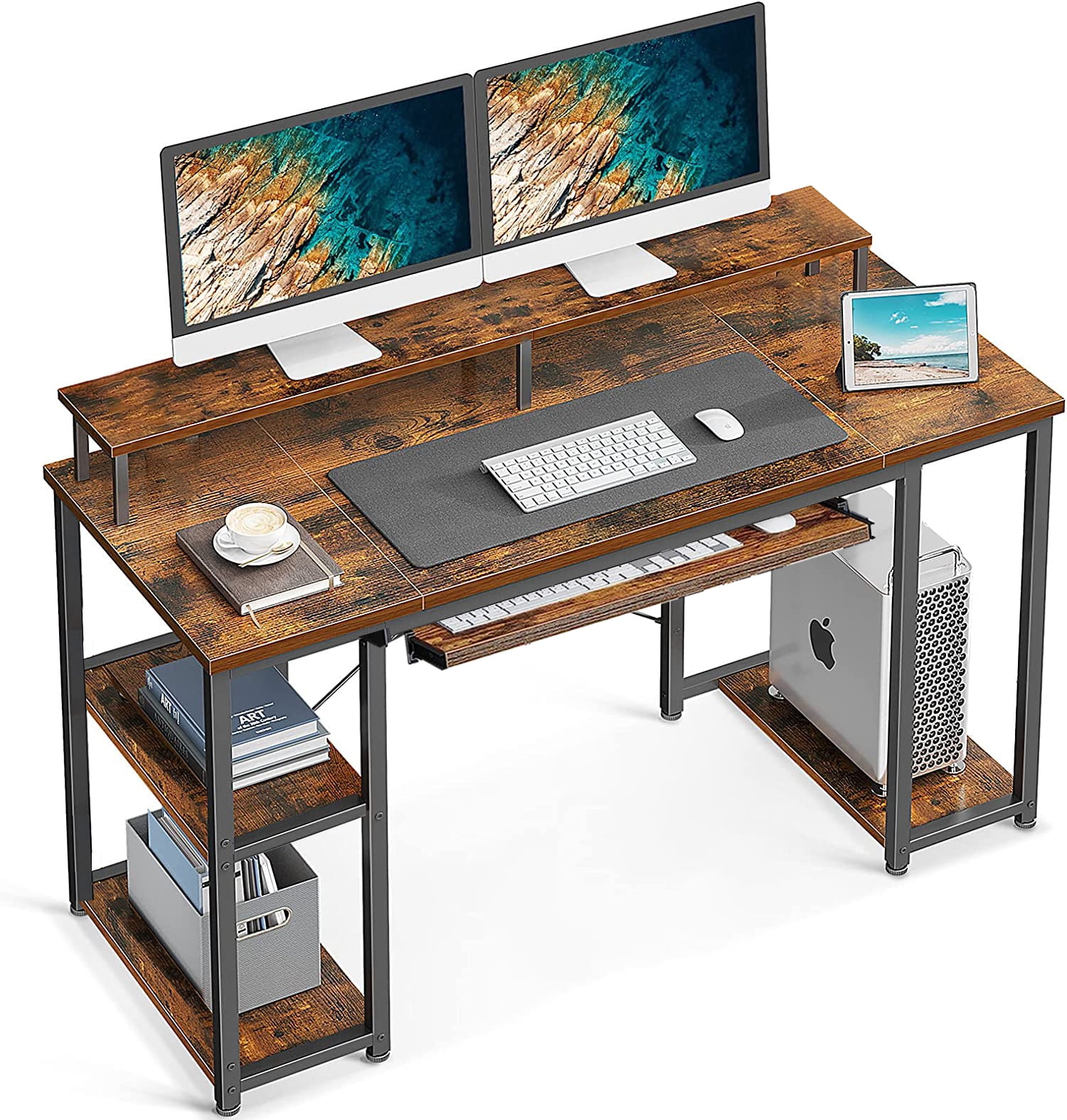 SUGIFT 47 inch Tiered Shelves Home Office Computer Desk with Monitor ...