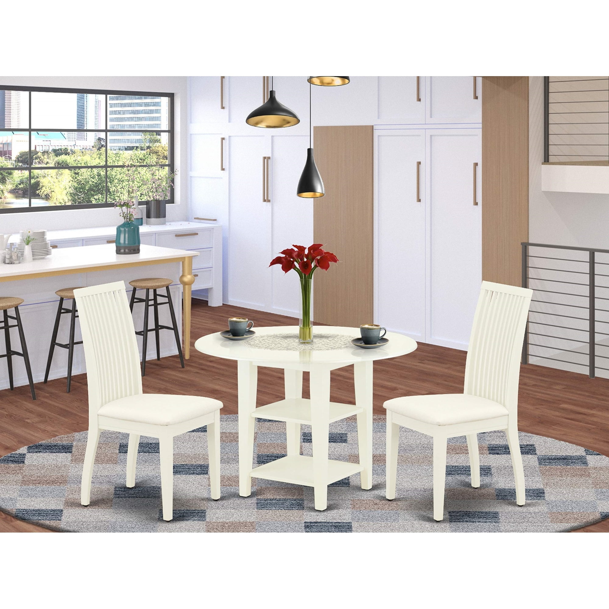 SUIP3-LWH-C 3Pc Dinette Set: Round Table with Drop Leaves, 2 Microfiber ...