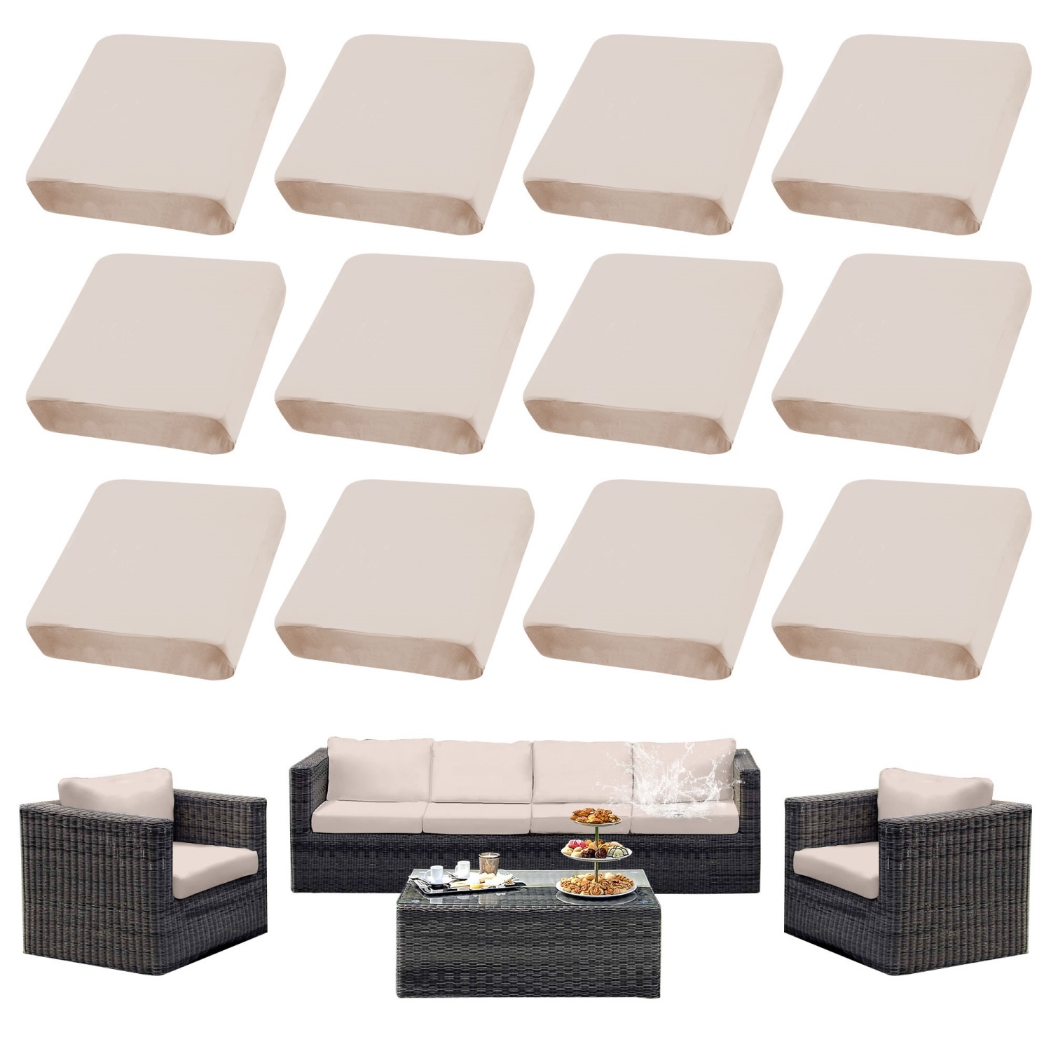 SUKAIKEQA 12-Piece Waterproof Stretch Patio Cushion Covers with Elastic ...