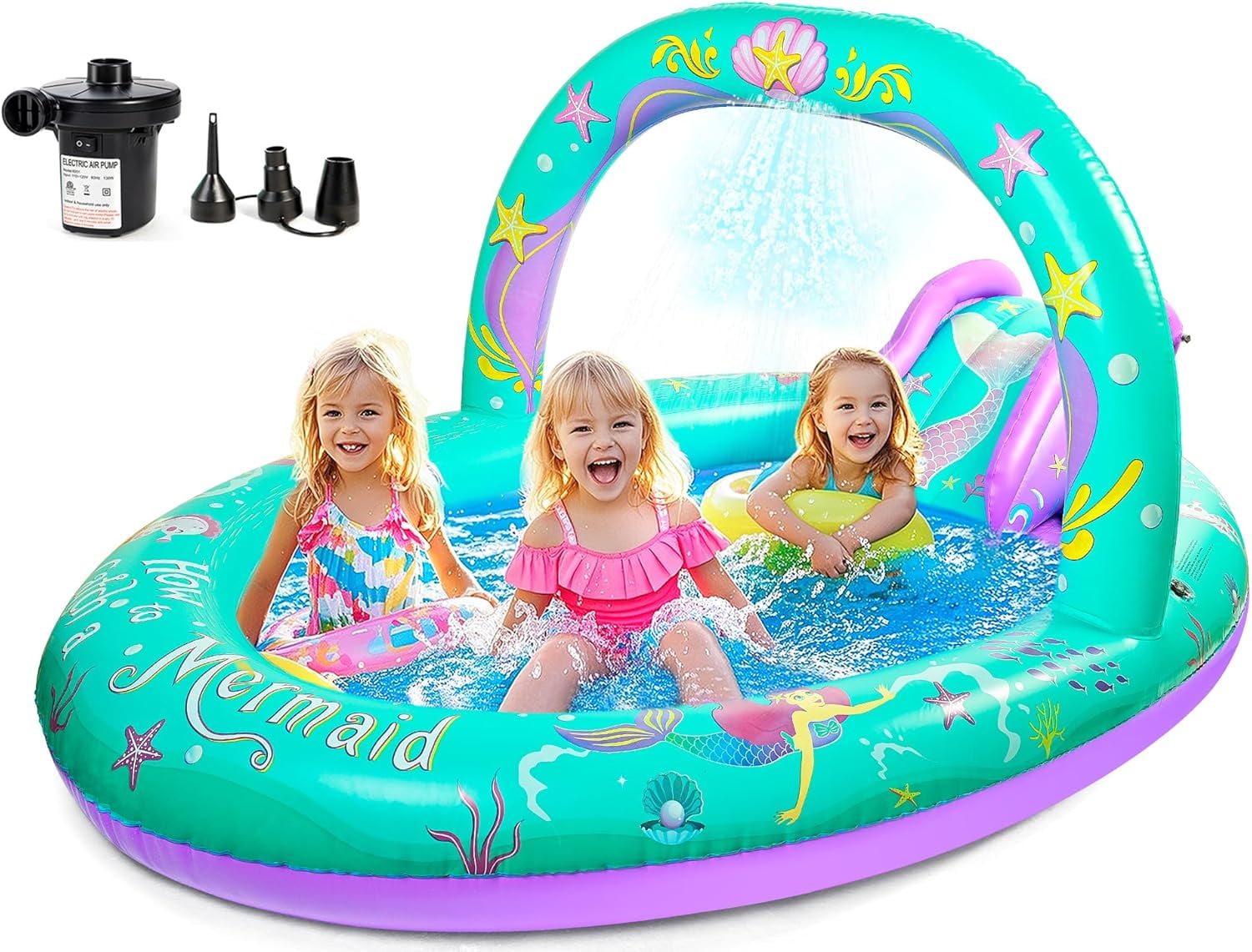 SULIFEEL Mermaid Inflatable Play Center Kiddie Pool with Slide and Sprinkler for Children, 96 ...