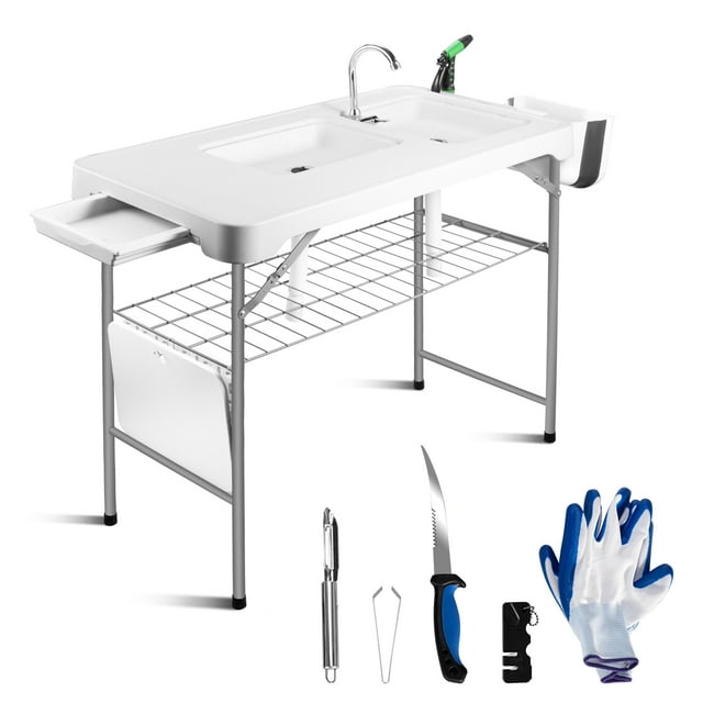 SULIVES 42''Folding Fish Cleaning Table with Double Sink,Portable ...